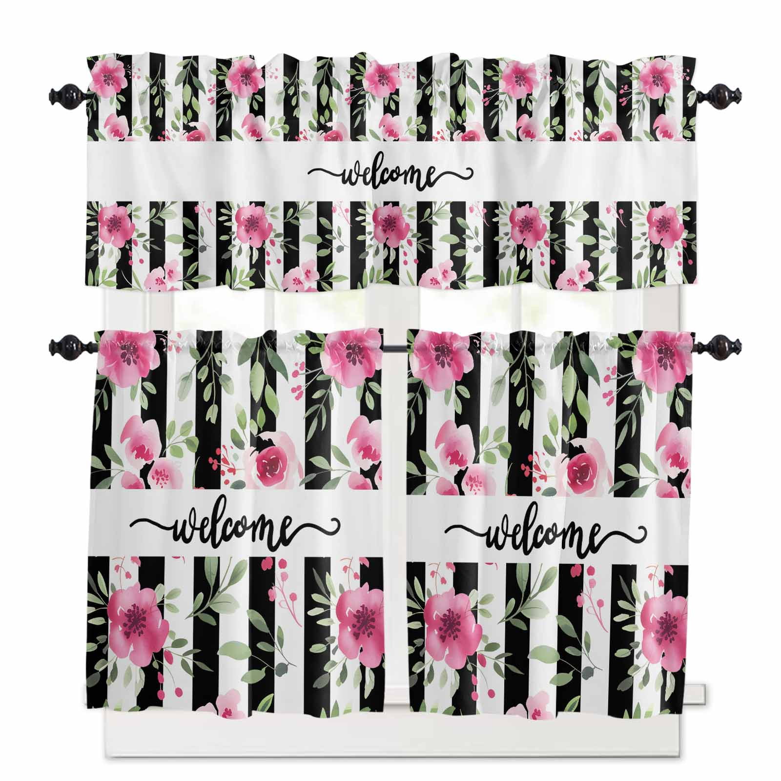 Spring Flowers Window Curtains Valance Set of 3 Welcome Pink Floral ...