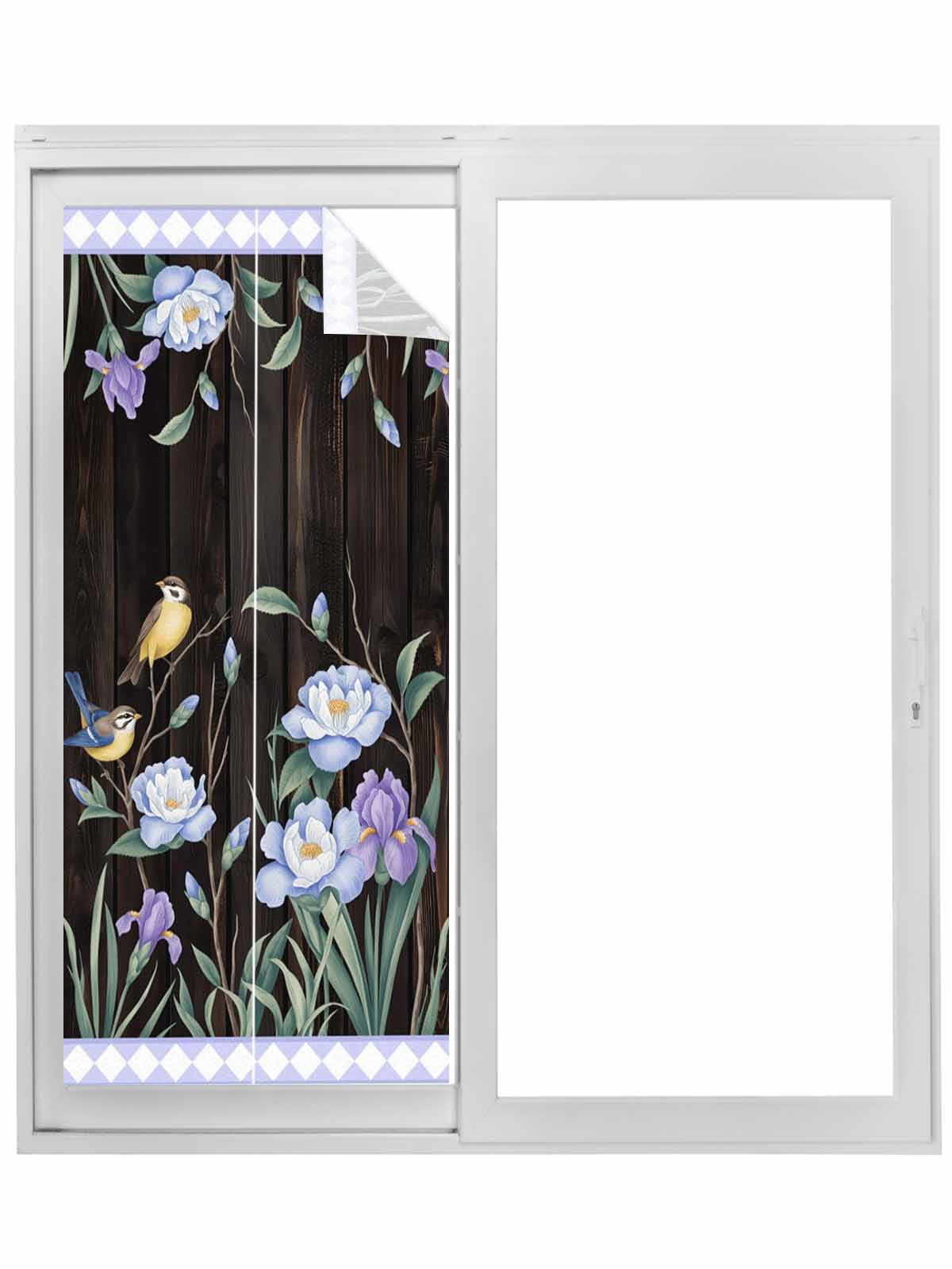 Spring Flowers Window Privacy Film, Blue Floral Leaves Birds Country ...