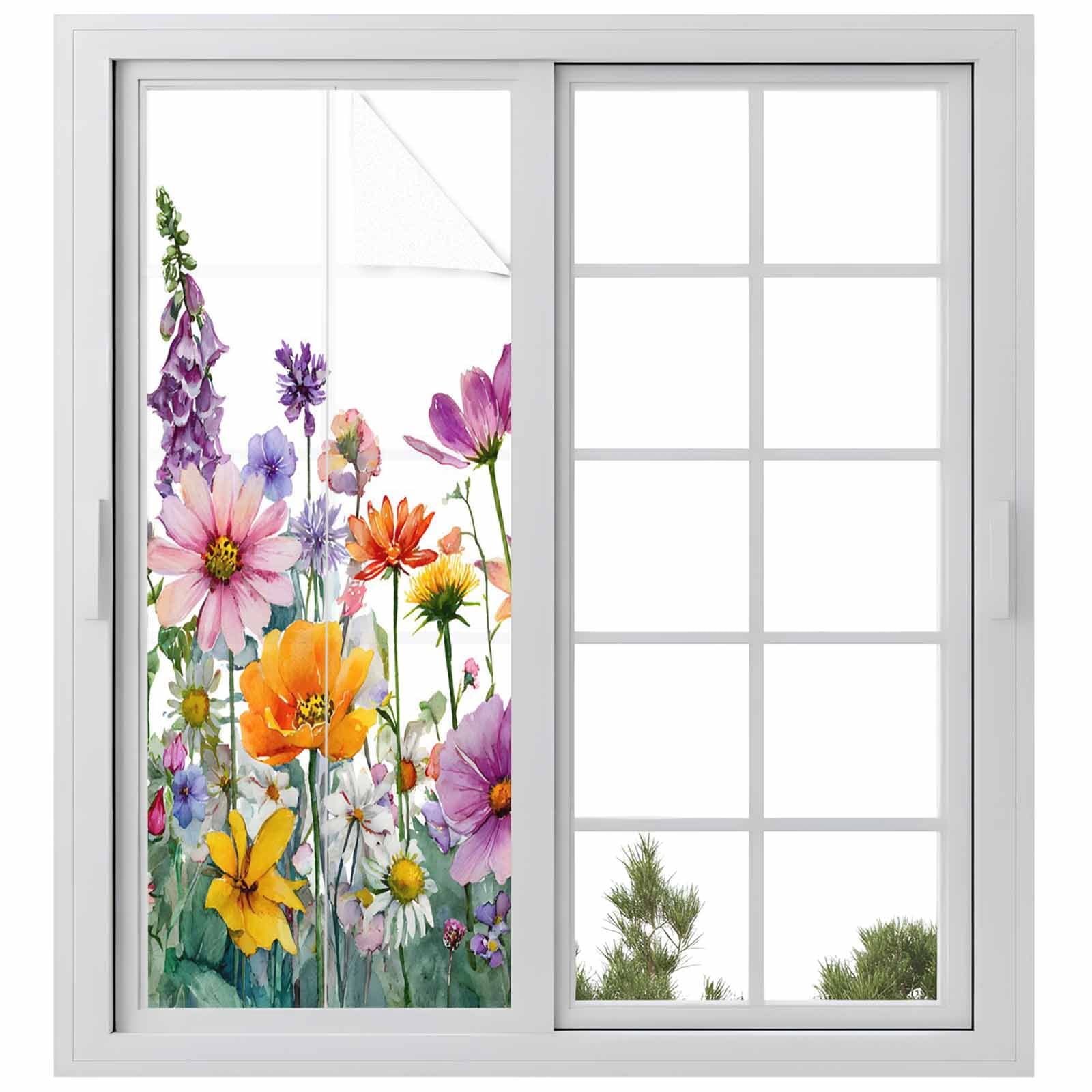 Spring Flowers Window Privacy Film, Elegant Floral Pastoral Watercolor ...