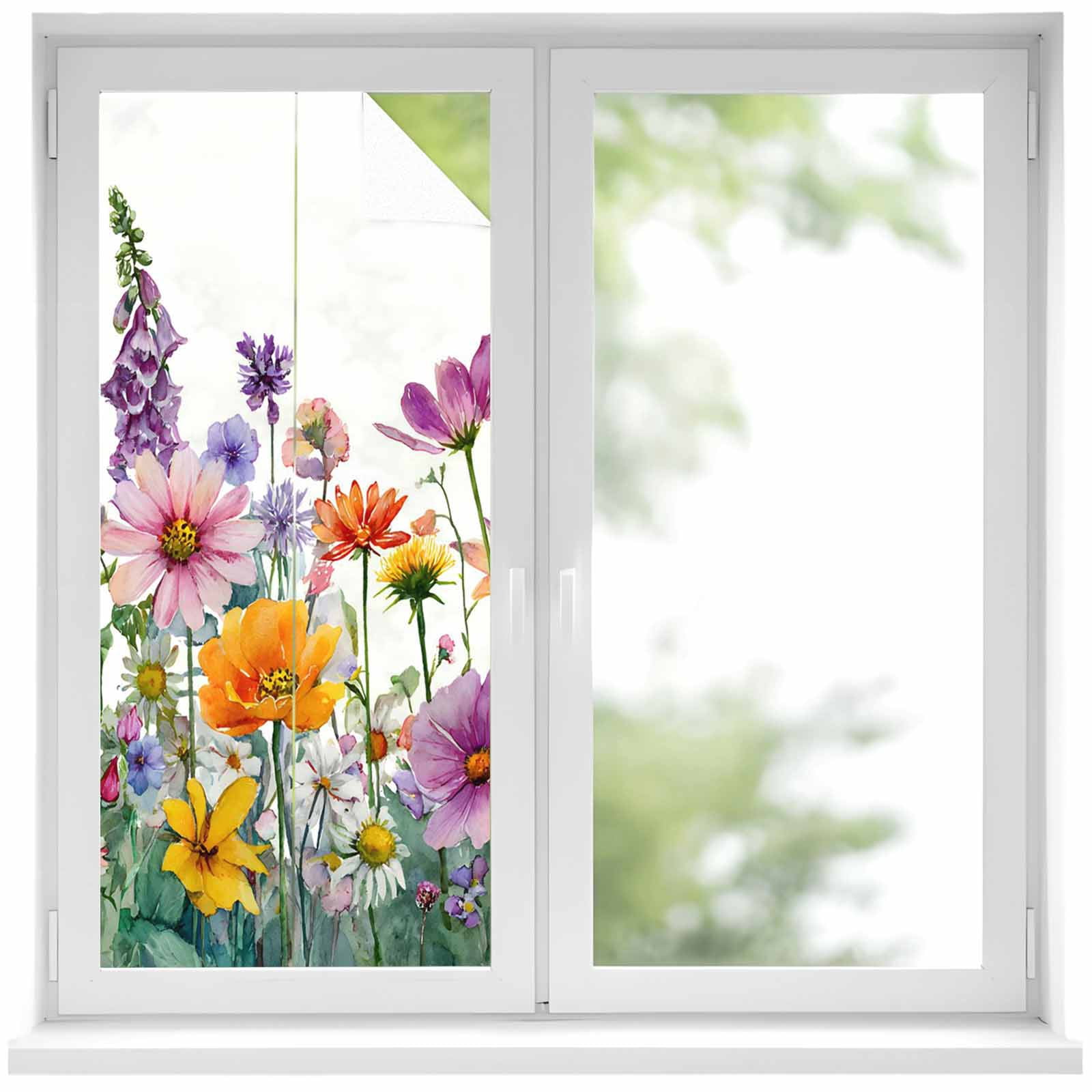 Spring Flowers Window Privacy Film, Elegant Floral Pastoral Watercolor ...