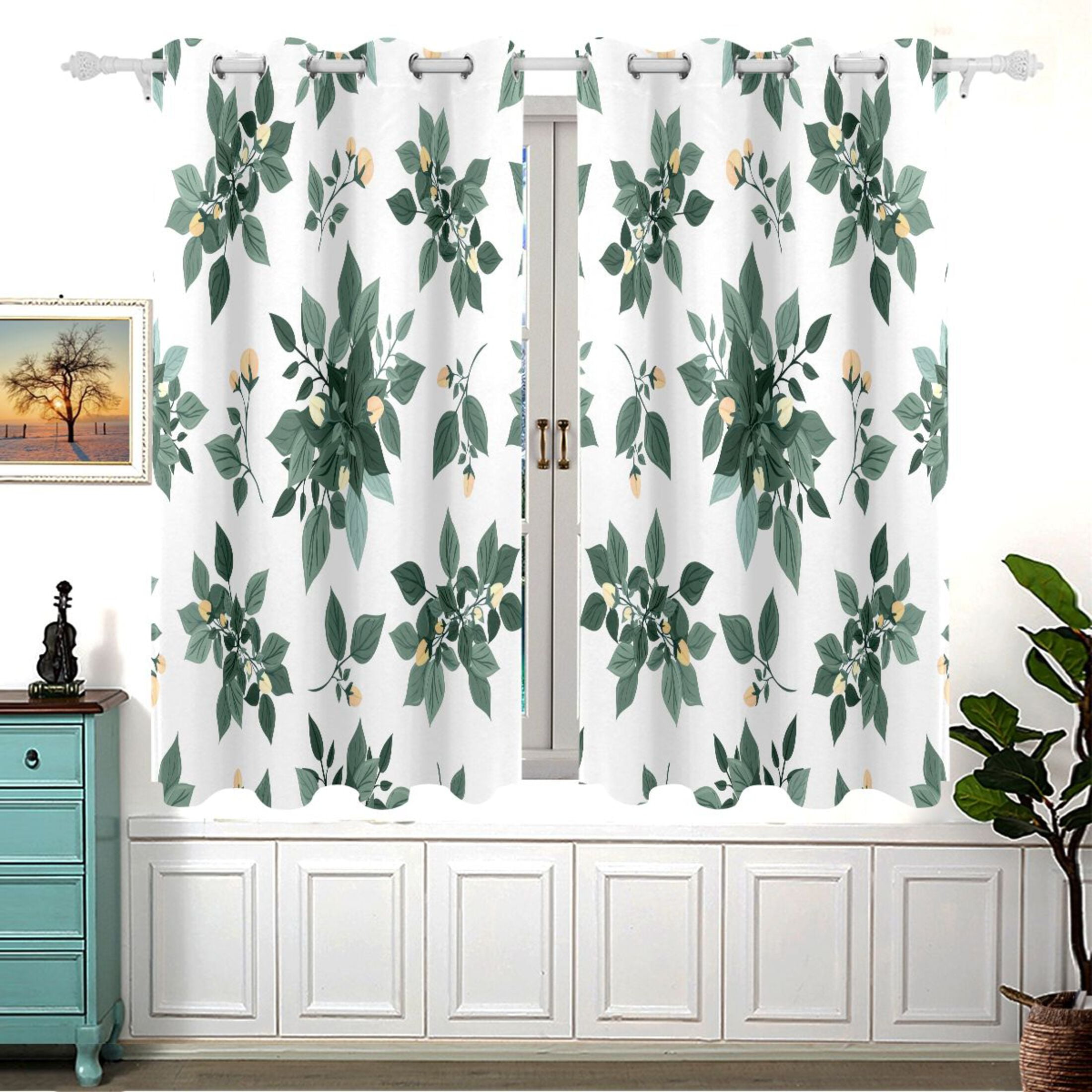 Spring Flowers and Leaves Blackout Curtains Window Grommet Insulated ...