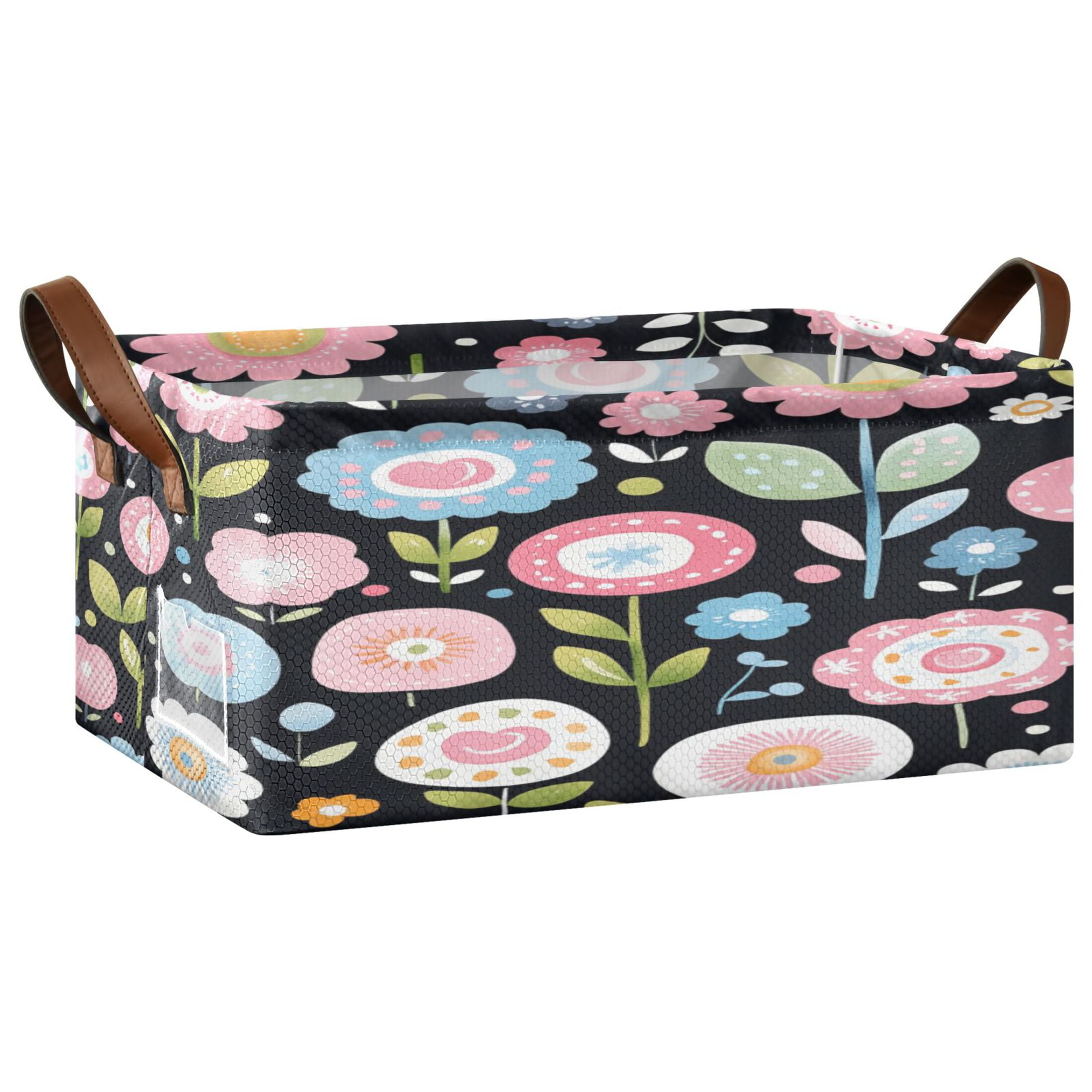 Spring Flowers on Black Open Home Storage Bins Foldable Metal Frame ...
