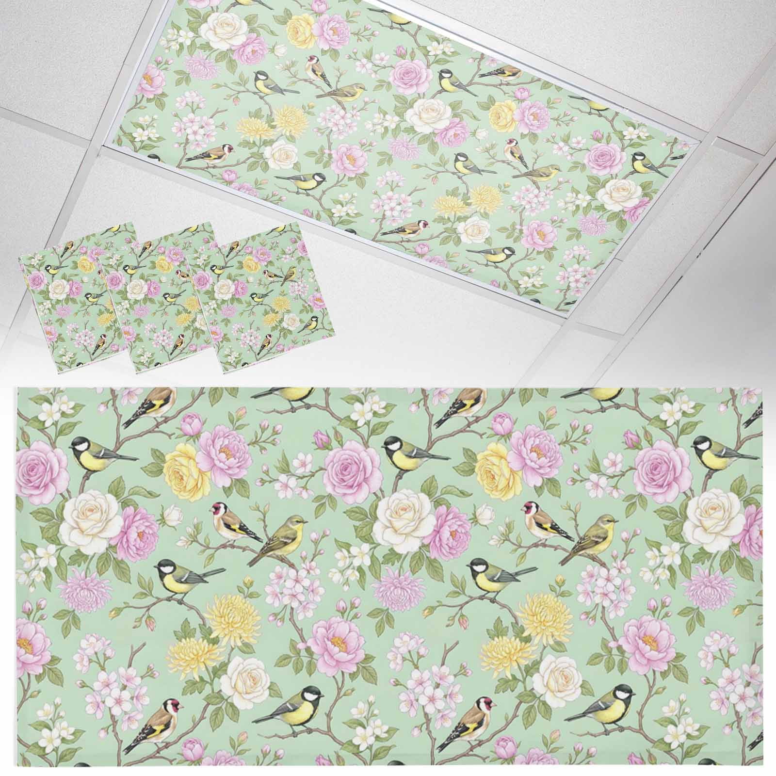 Spring Fluorescent Light Covers Green Traditional Flowers Birds ...