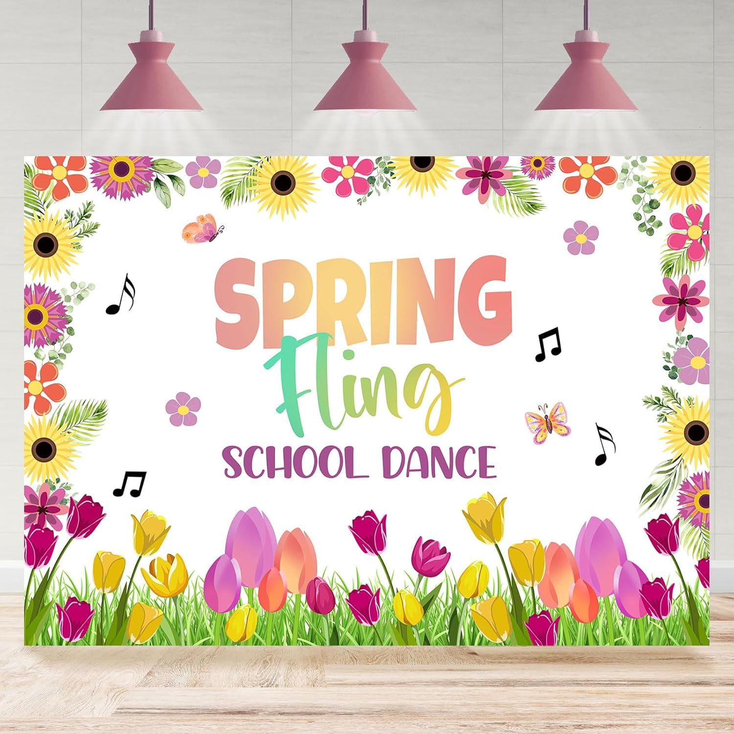 Spring Flying School Dance Backdrop Colorful Floral Green Grass Music ...