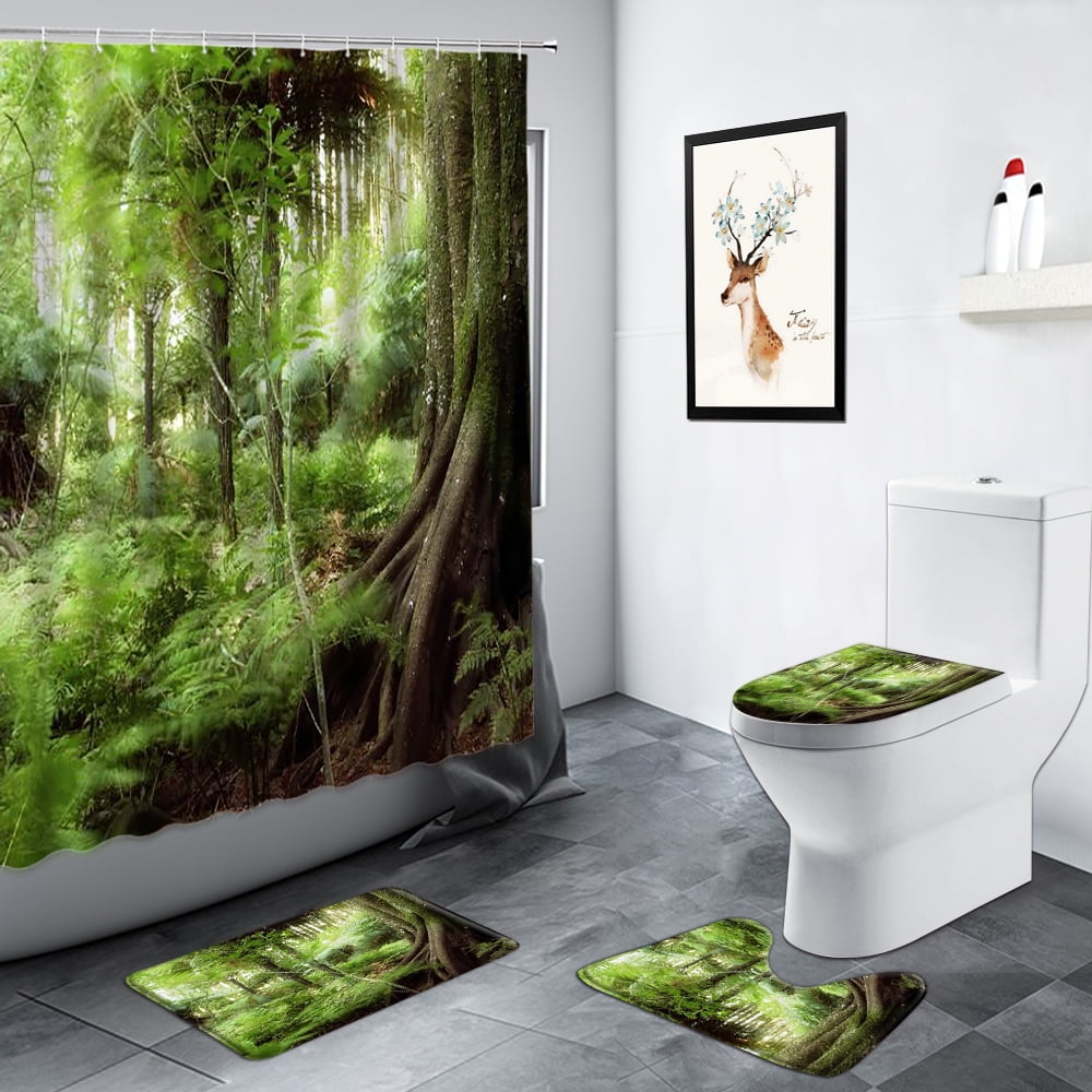 Spring Forest Landscape Bathroom Decor Set Jungle Trees Green Plants ...