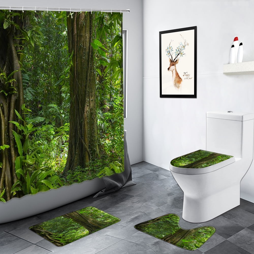 Spring Forest Landscape Bathroom Decor Set Jungle Trees Green Plants ...