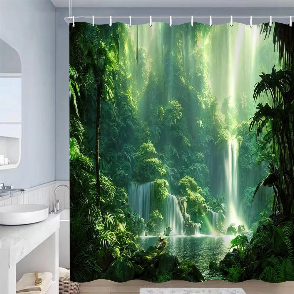 Spring Forest Landscape Shower Curtain Tropical Jungle Plants Waterfall