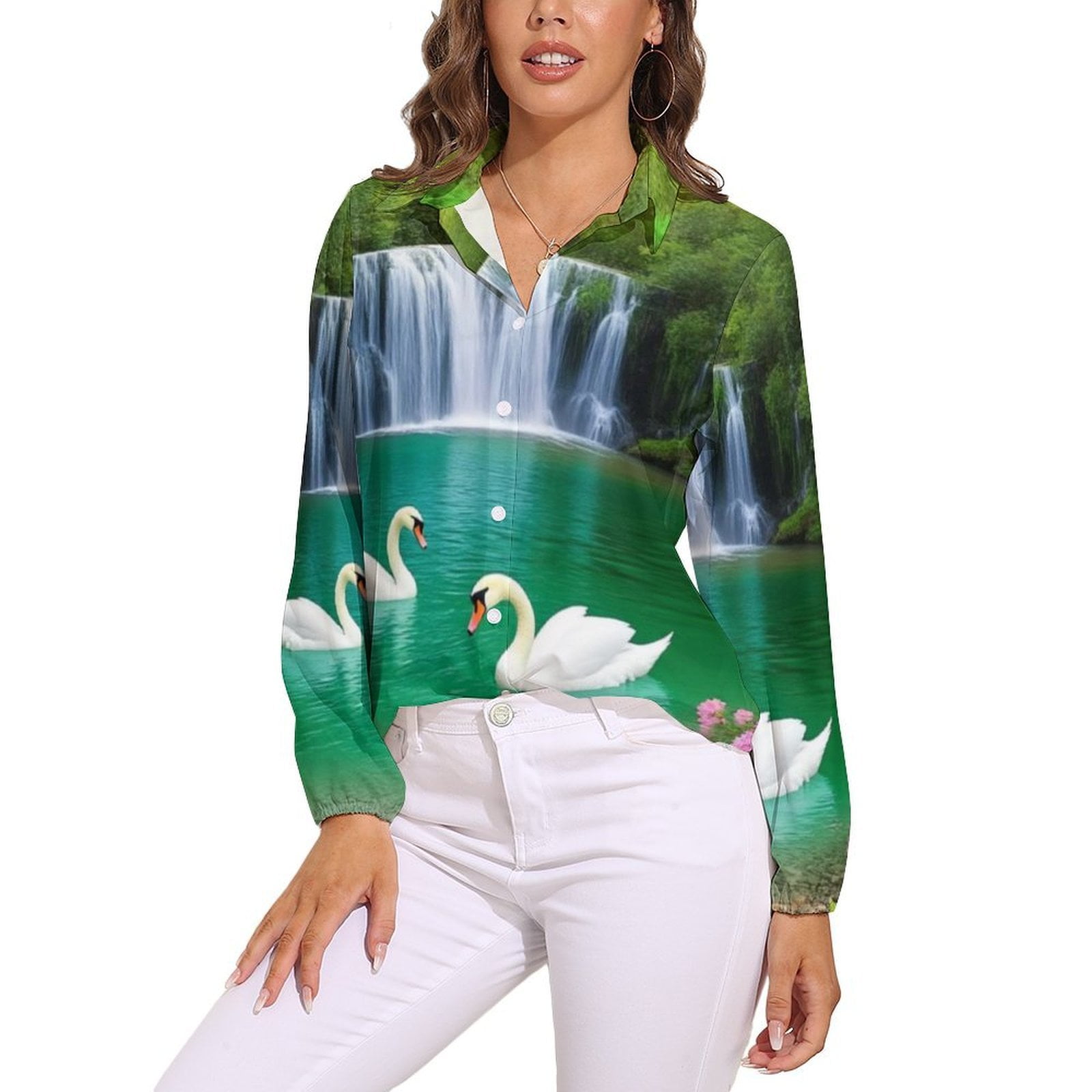Spring Forest Landscape Waterfall Swan-1 Vntage Casual Long Sleeve ...