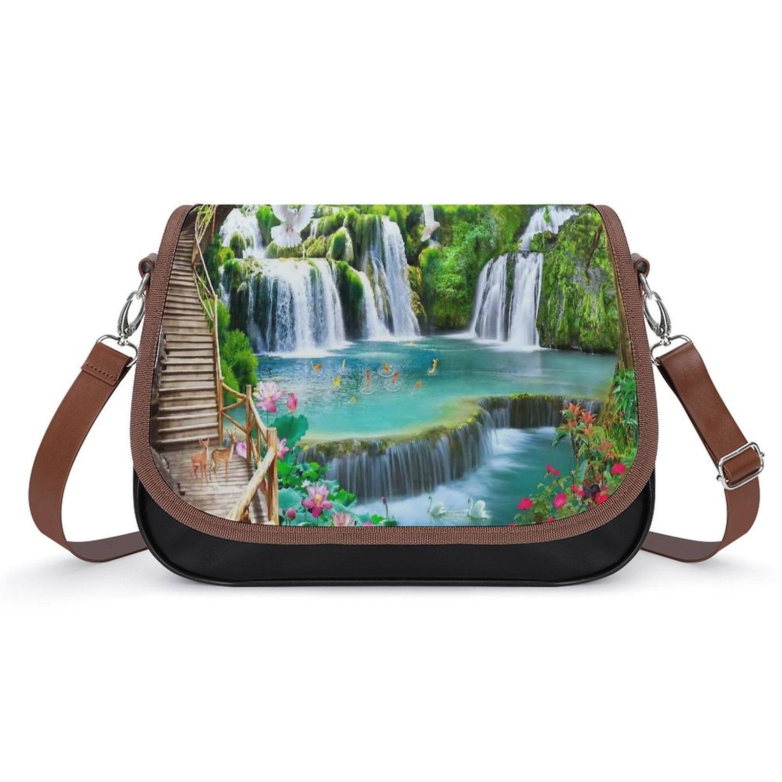 Spring Forest Landscape Waterfall Swan (2) Pu Leather Shoulder Bag ...