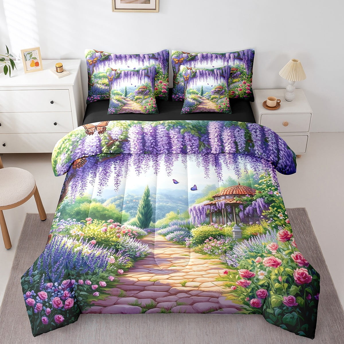 Spring Garden 7 Pcs Comforter Set,Purple Wisteria Blooming Floral ...