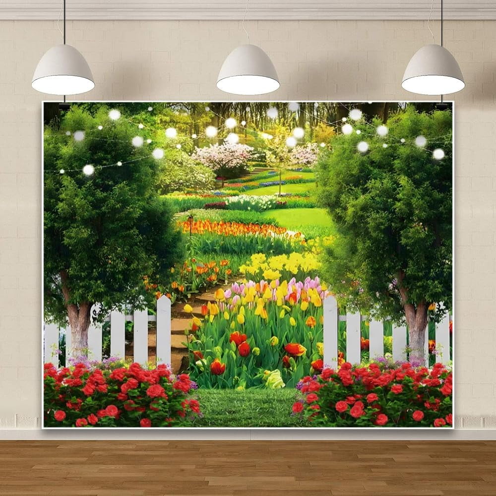 Spring Garden Backdrop Spring Colorful Flowers Tulips Backdrop Green ...