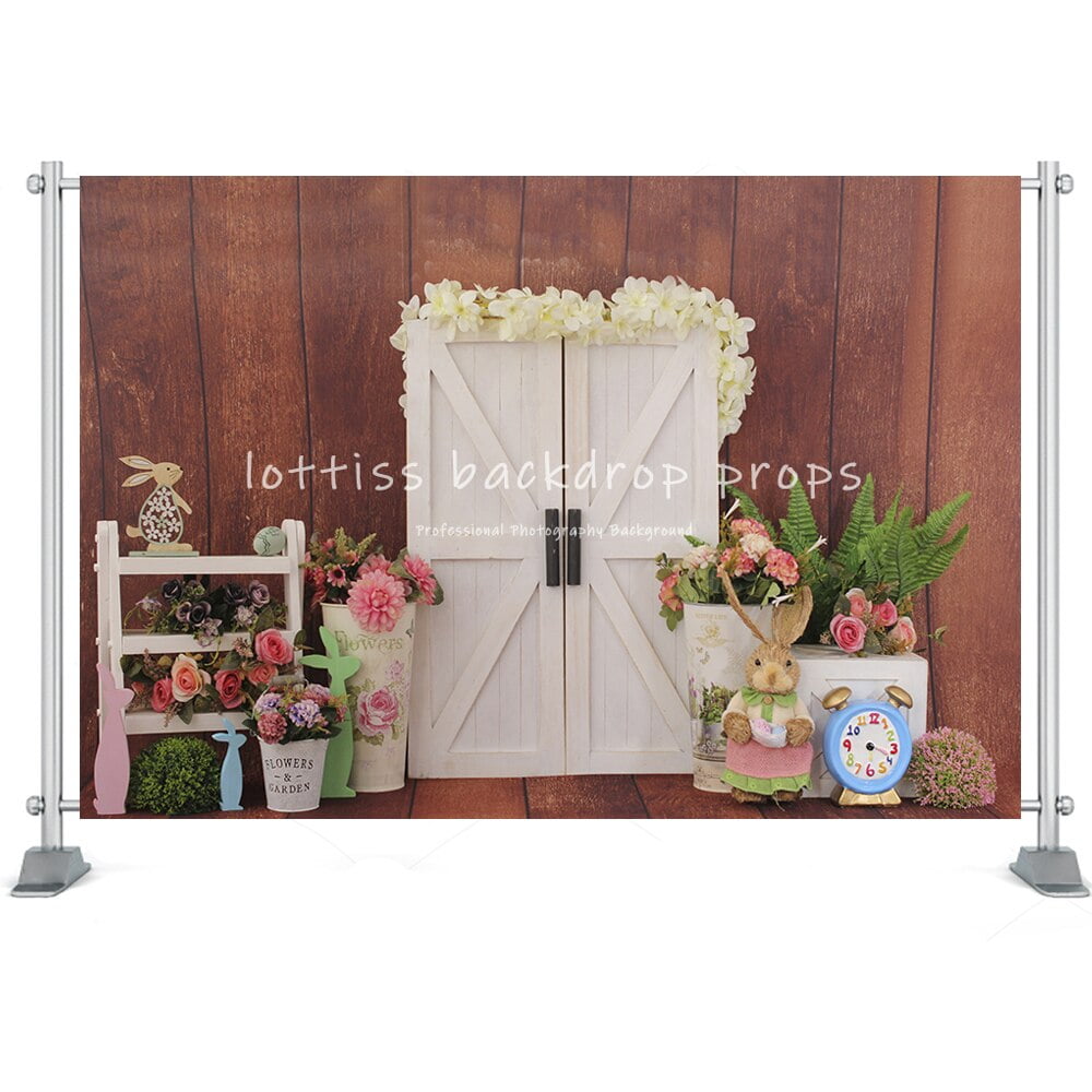 Spring Garden Barn Door Photography Backdrop Bunny Flowers Wooden ...