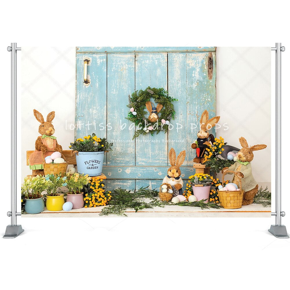 Spring Garden Barn Door Photography Backdrop Bunny Flowers Wooden ...