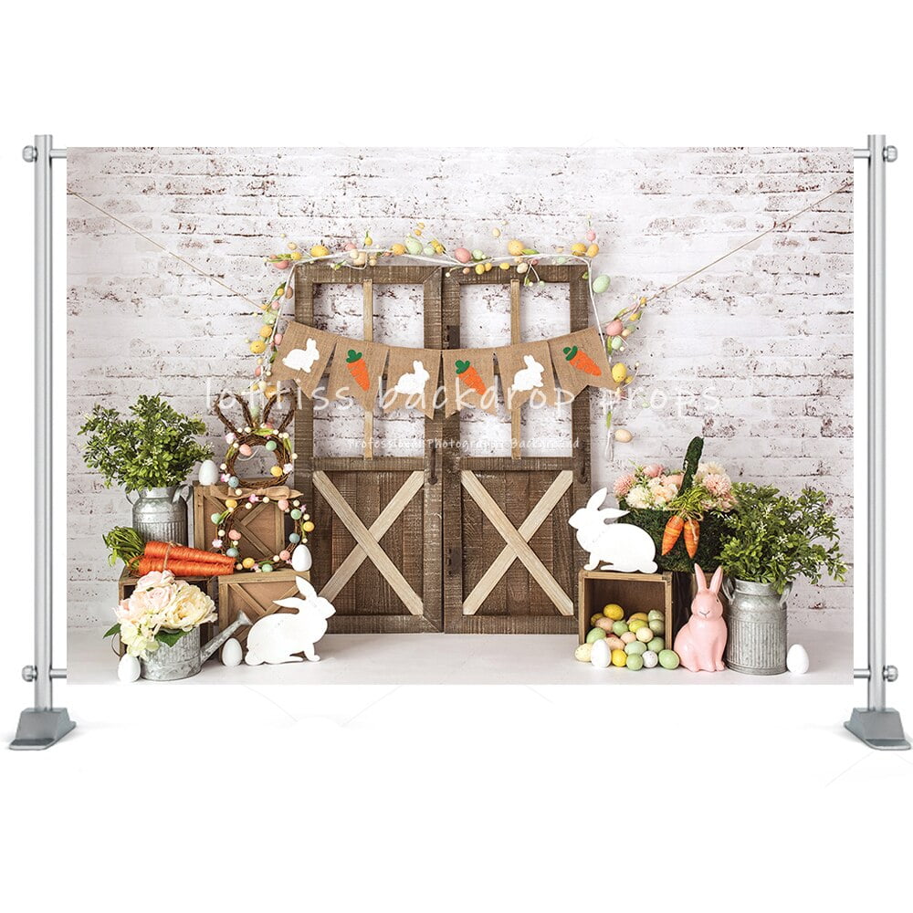 Spring Garden Barn Door Photography Backdrop Bunny Flowers Wooden ...