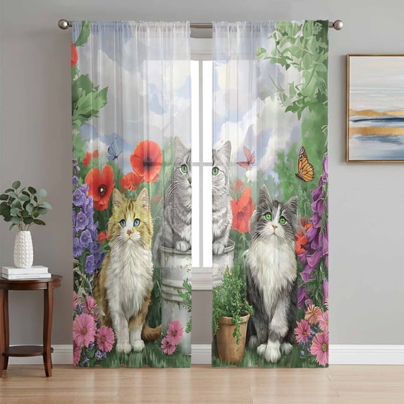 Spring Garden Cats Sheer Curtains 84 Inches Long 2 Panels Set, Window ...