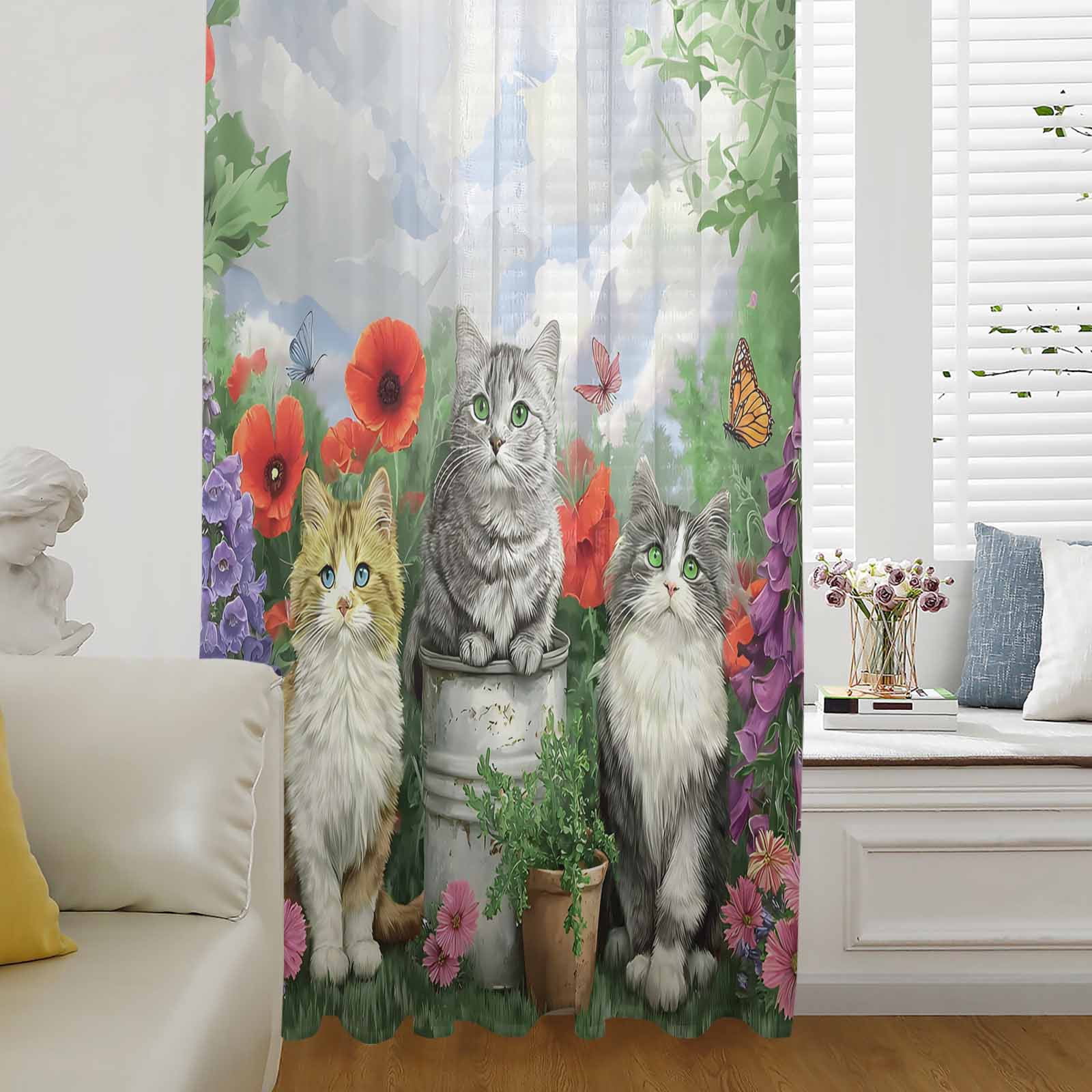 Spring Garden Cats Sheer Curtains 96 Inches Long for Living Room ...