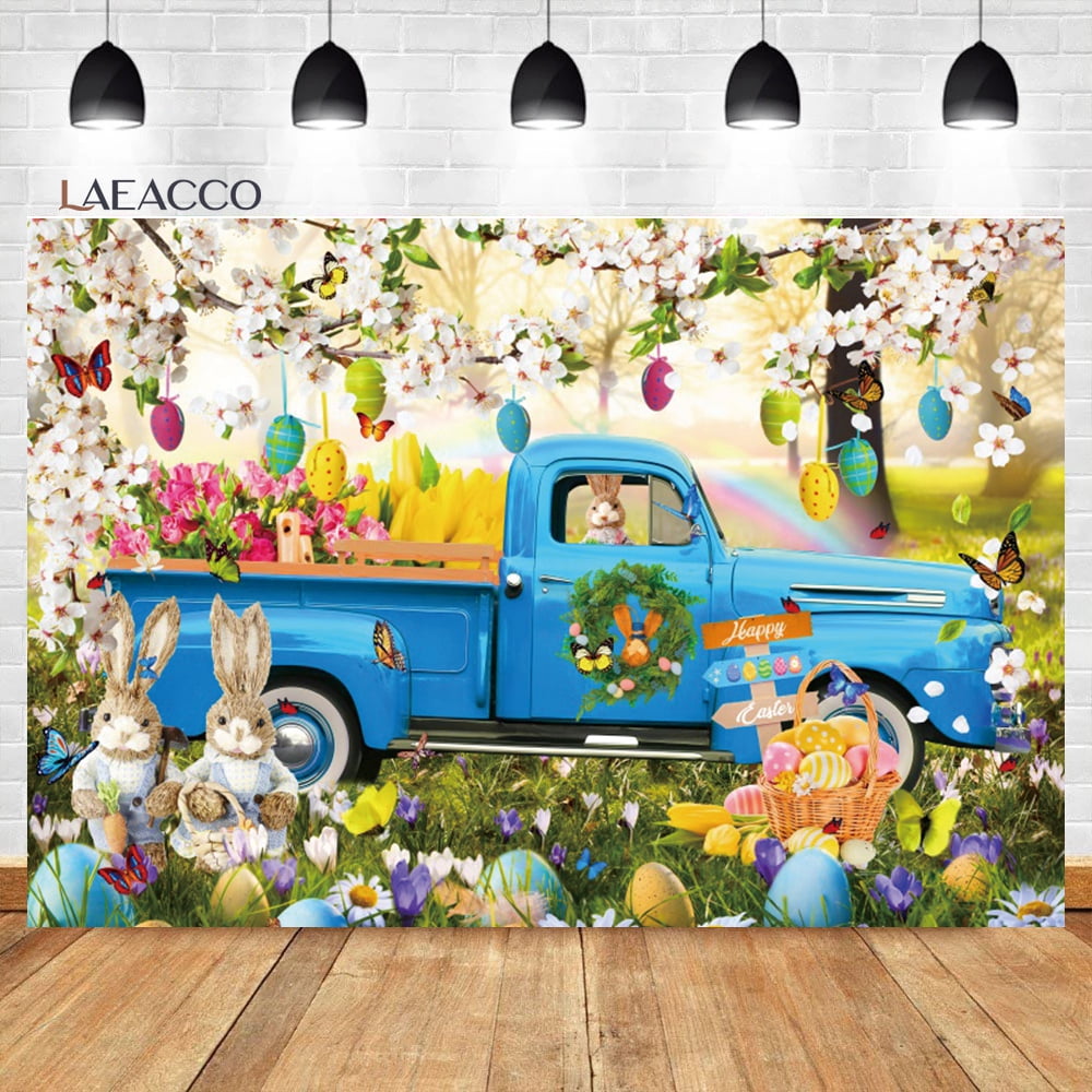 Spring Garden Easter Backdrop Green Grass Colorful Eggs Floral Cartoon ...
