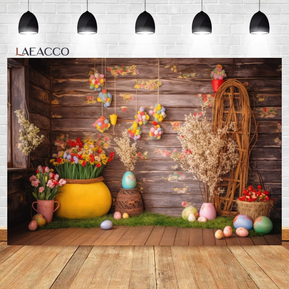 Spring Garden Easter Backdrop Green Grass Colorful Eggs Floral Cartoon ...