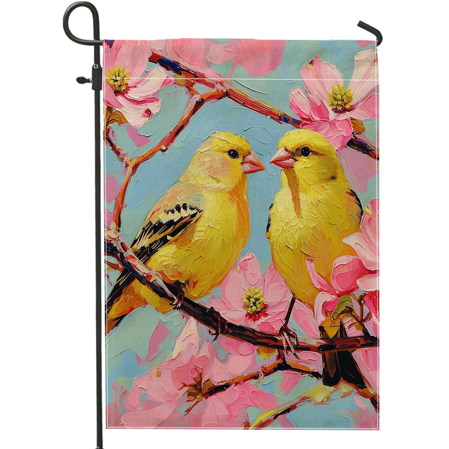 Spring Garden Flag Peach Oil Painting Bird Feather Tree Flower Art Pink ...