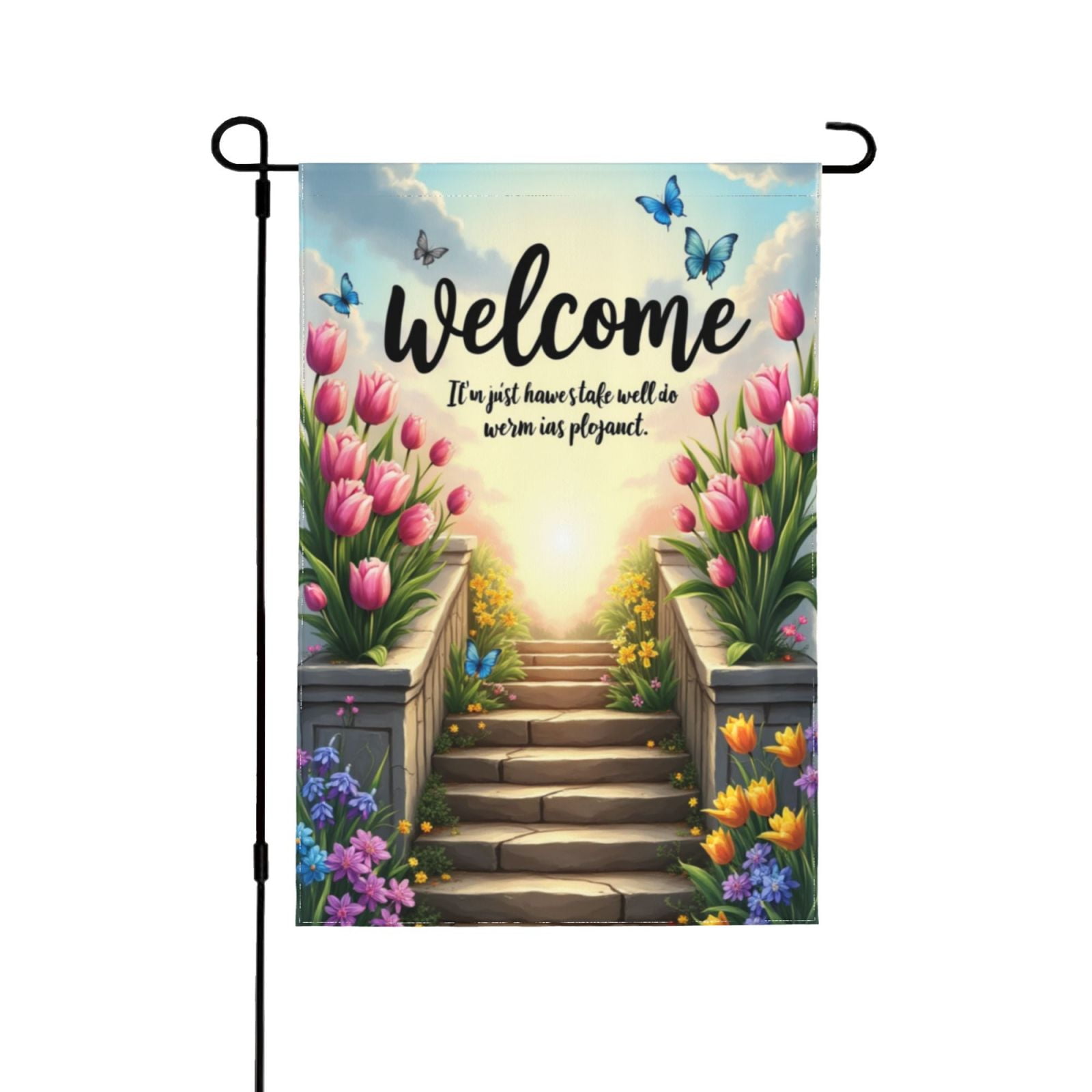 Spring Garden Flag Welcome Outside Stairway With Flowers And ...