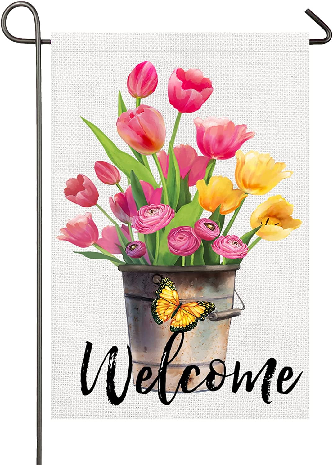 Spring Garden Flags Double Sided Floral Butterfly Tulip Metal Bucket of ...