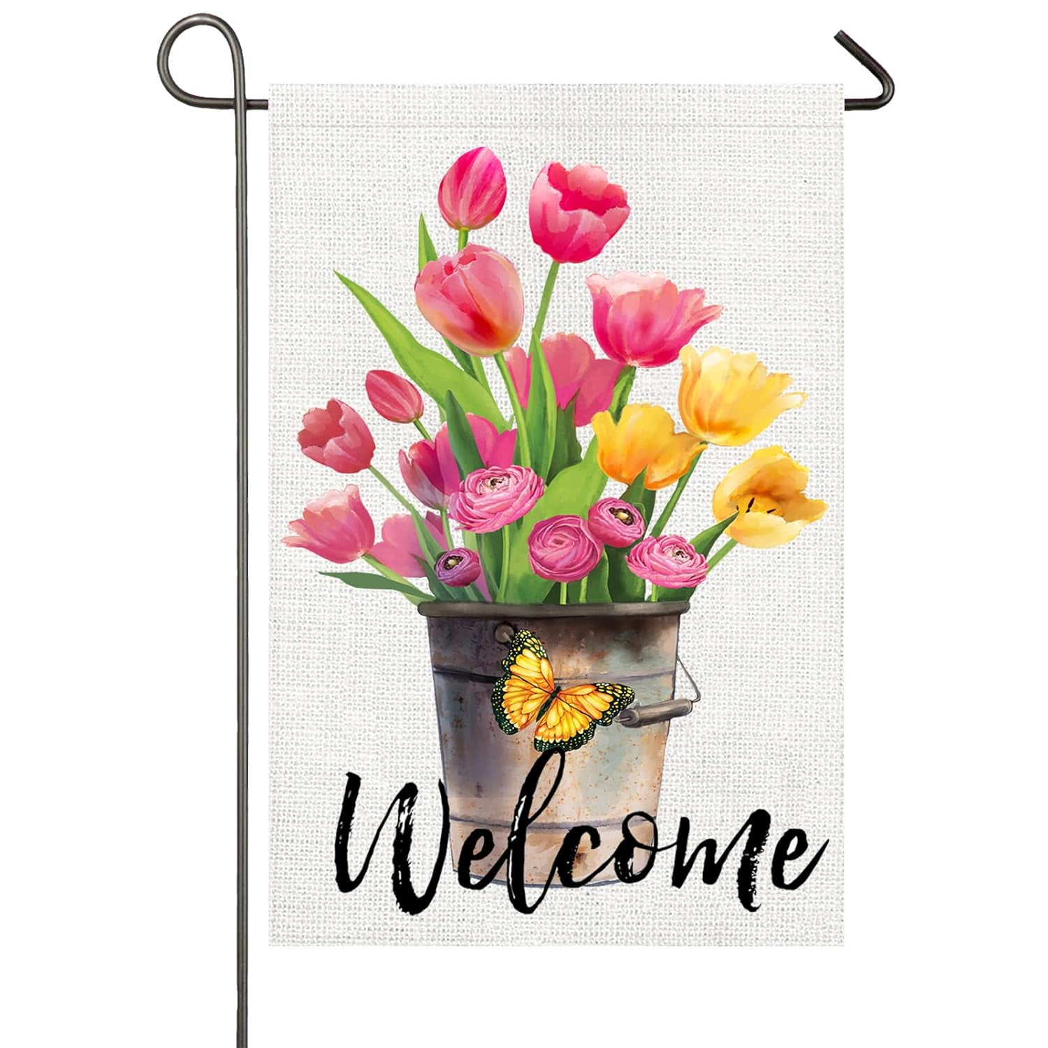 Spring Garden Flags Double Sided Floral Butterfly Tulip Metal Bucket of ...
