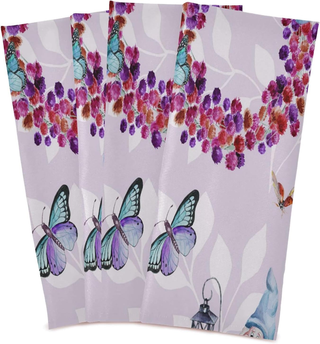 Spring Garden Gnome Kitchen Tea Towels Set of 4 Absorbent Hand Dish Towels, Flowers Rabbits ...