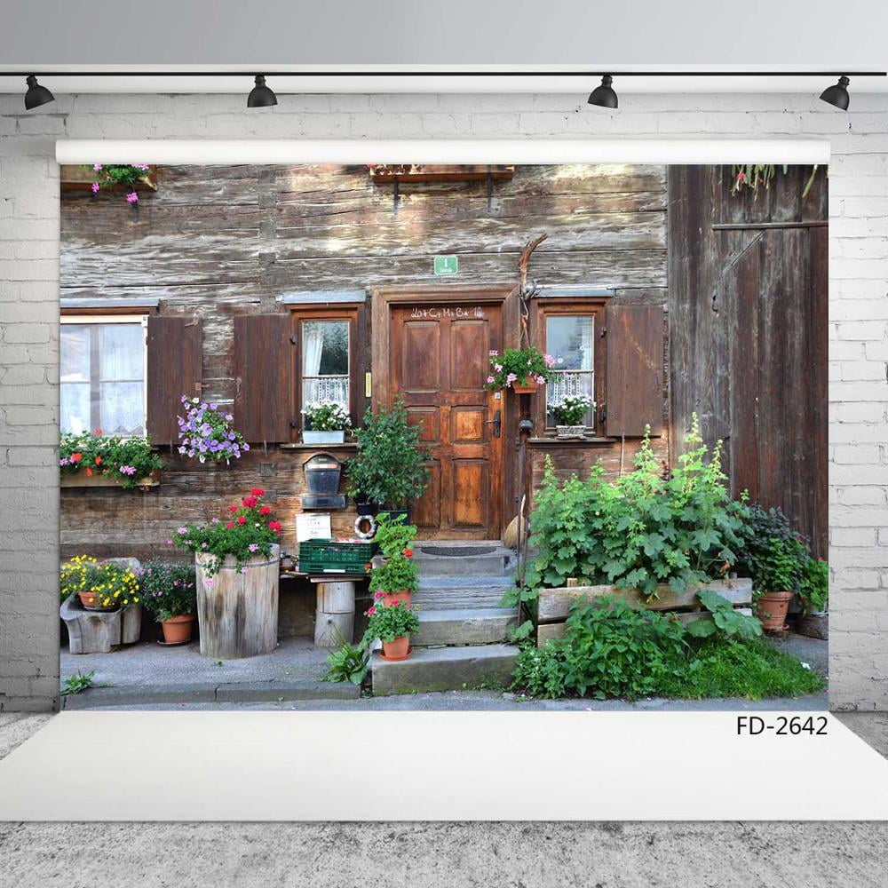 Spring Garden Green Grass Flower Wood House Door Scenery Backdrops Baby ...