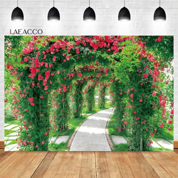 Spring Garden Scenery Backdrop Blooming Cherry Floral Tree Path Outdoor ...