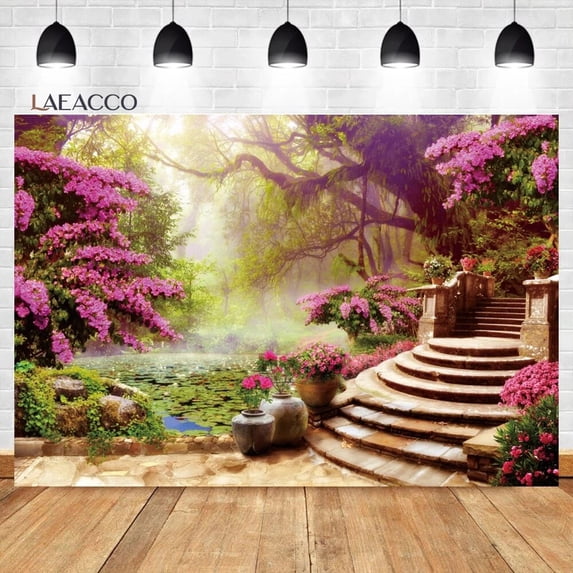 Spring Garden Scenery Backdrop Blooming Cherry Floral Tree Path Outdoor ...