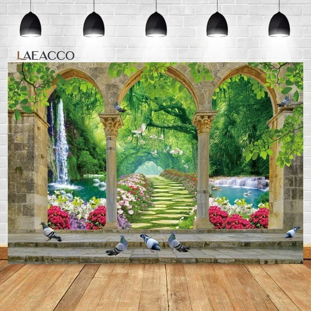 Spring Garden Scenery Backdrop Blooming Cherry Floral Tree Path Outdoor ...