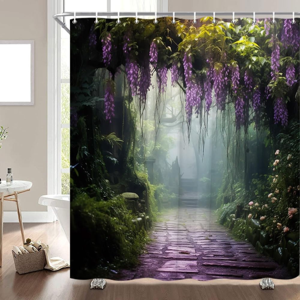Spring Garden Shower Curtain Wisteria Green Leaf Vine Plant Purple ...