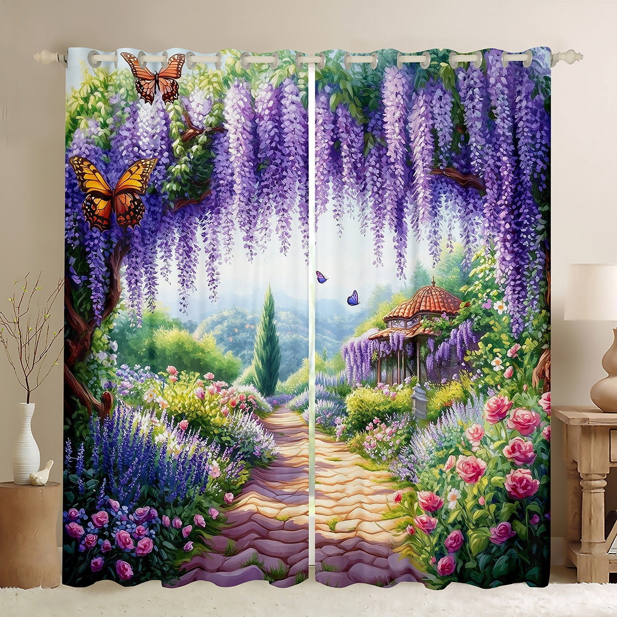 Spring Garden Window Curtain,Purple Wisteria Blooming Floral Curtain ...