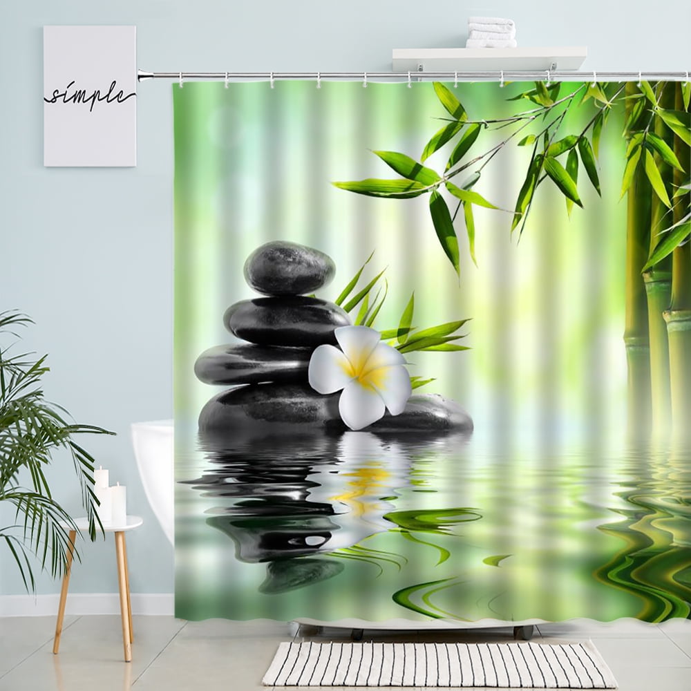 Spring Garden Zen Shower Curtains Black St Green Bamboo White Lotus ...