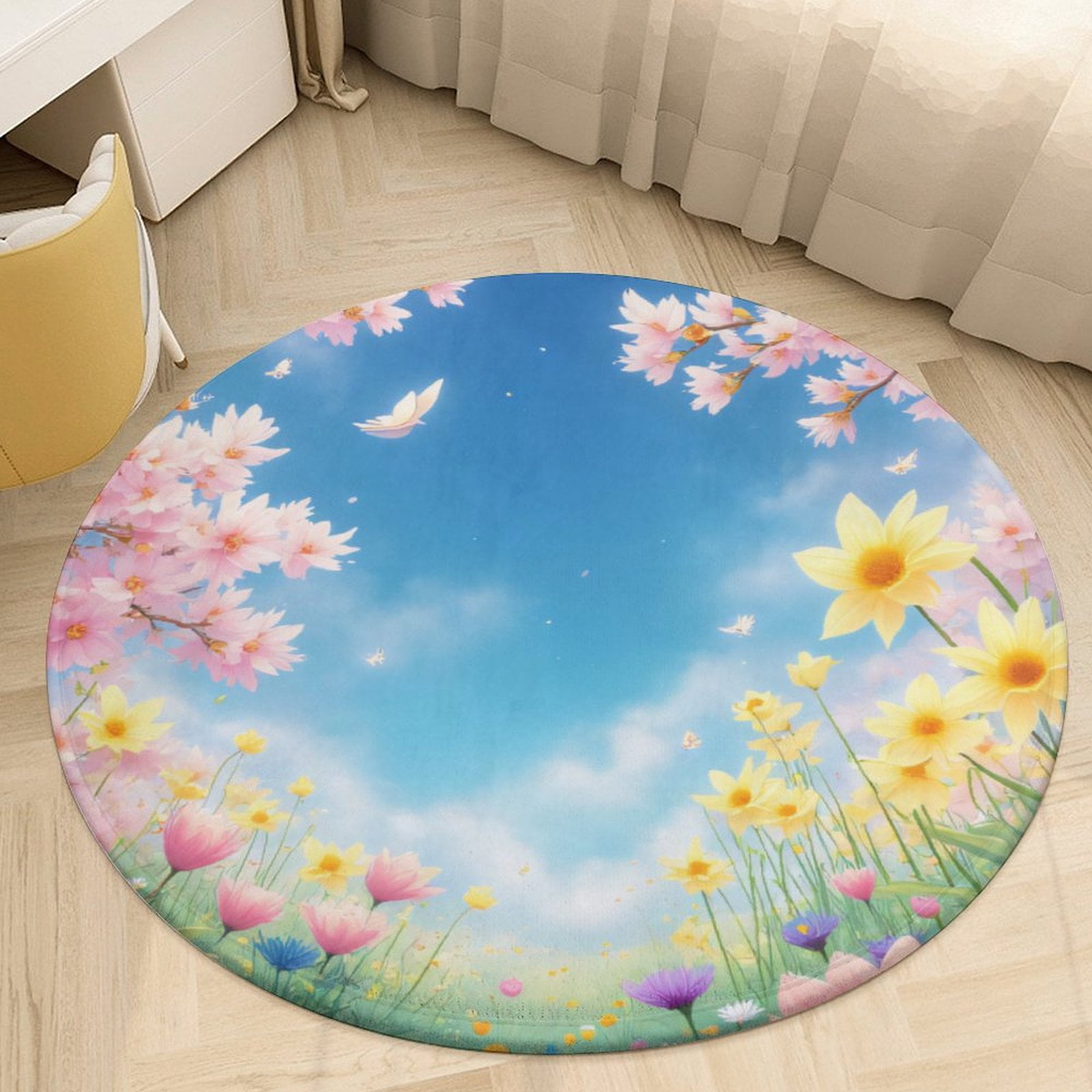Spring Garden with Butterflies Round Area Rugs for Bedroom Living Room ...