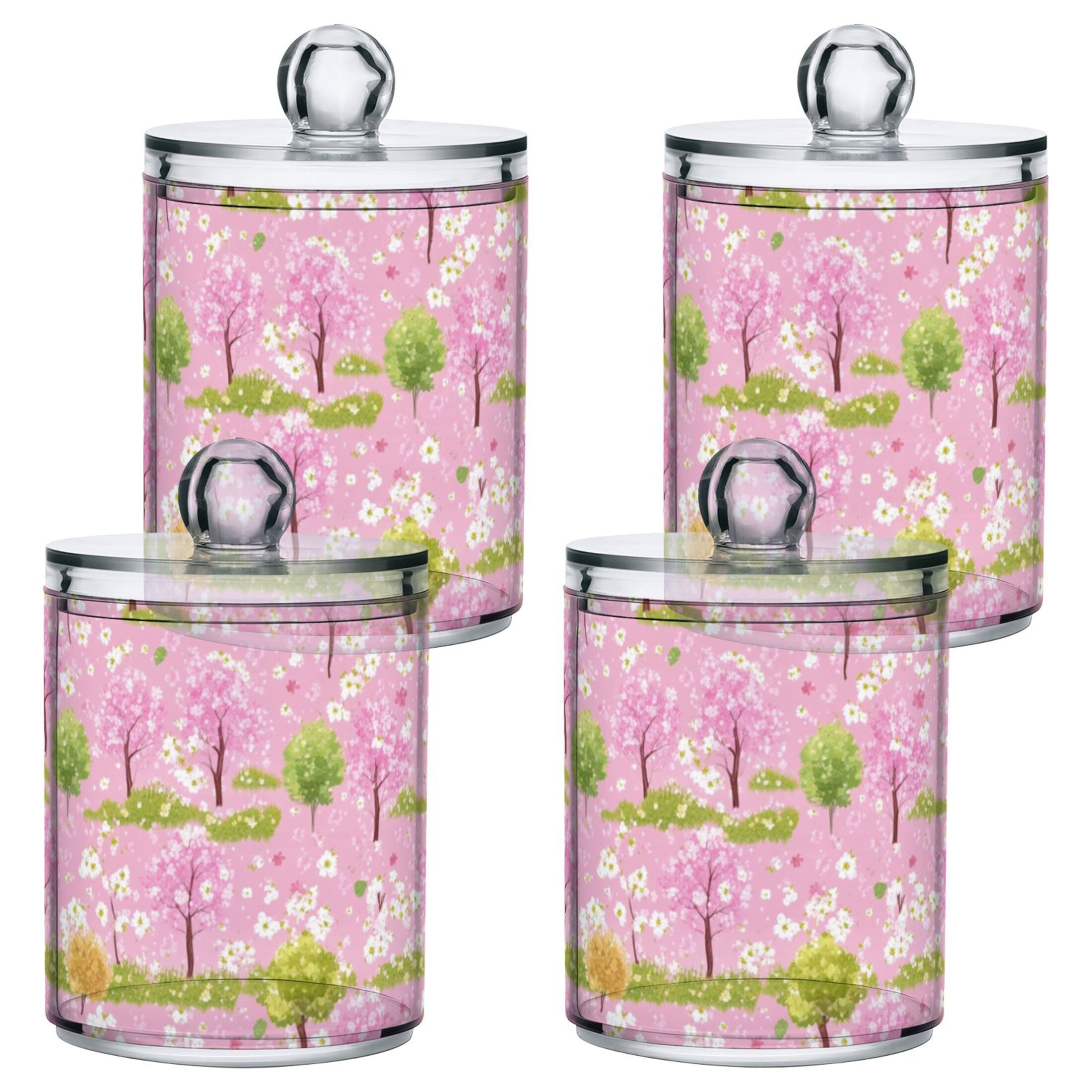 Spring Garden with Pink Trees Bathroom Canisters Set of 4 Translucent ...