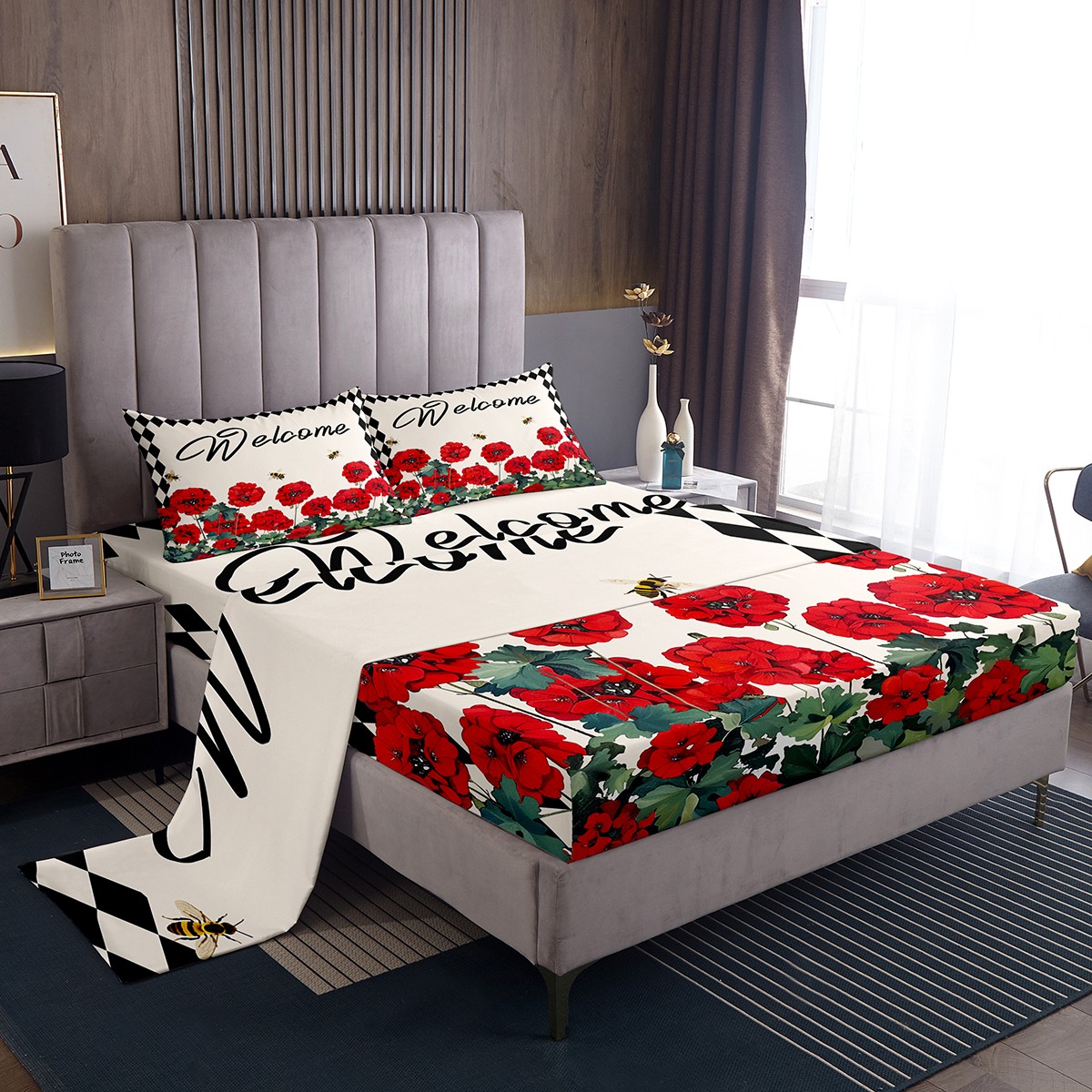 Spring Geranium Flowers Sheets Twin Rustic Farmhouse Plaid Floral Sheet ...