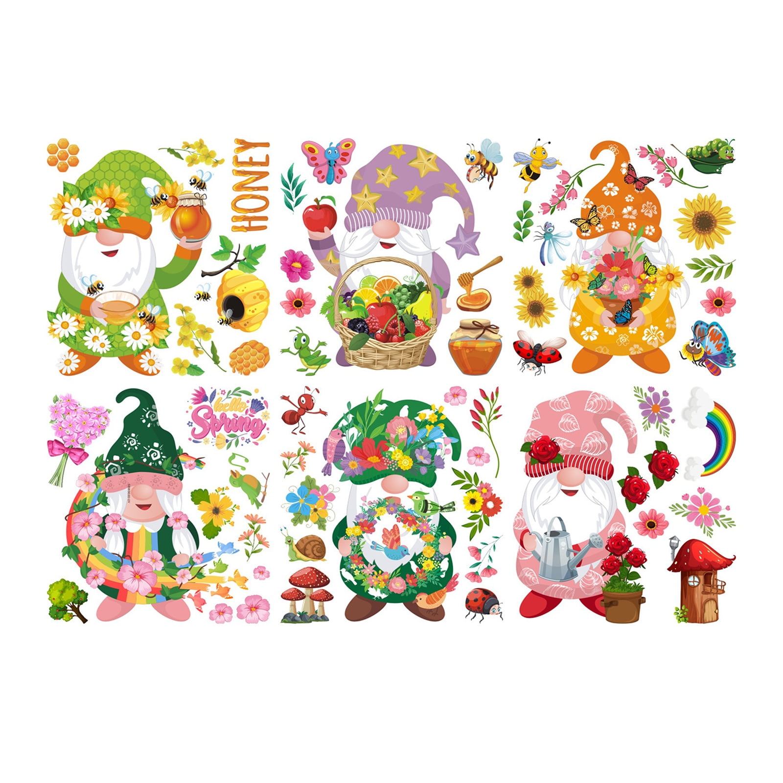 Spring Gnome Stickers 6 Sheets Flower for Butterfly Bee Window Clings ...