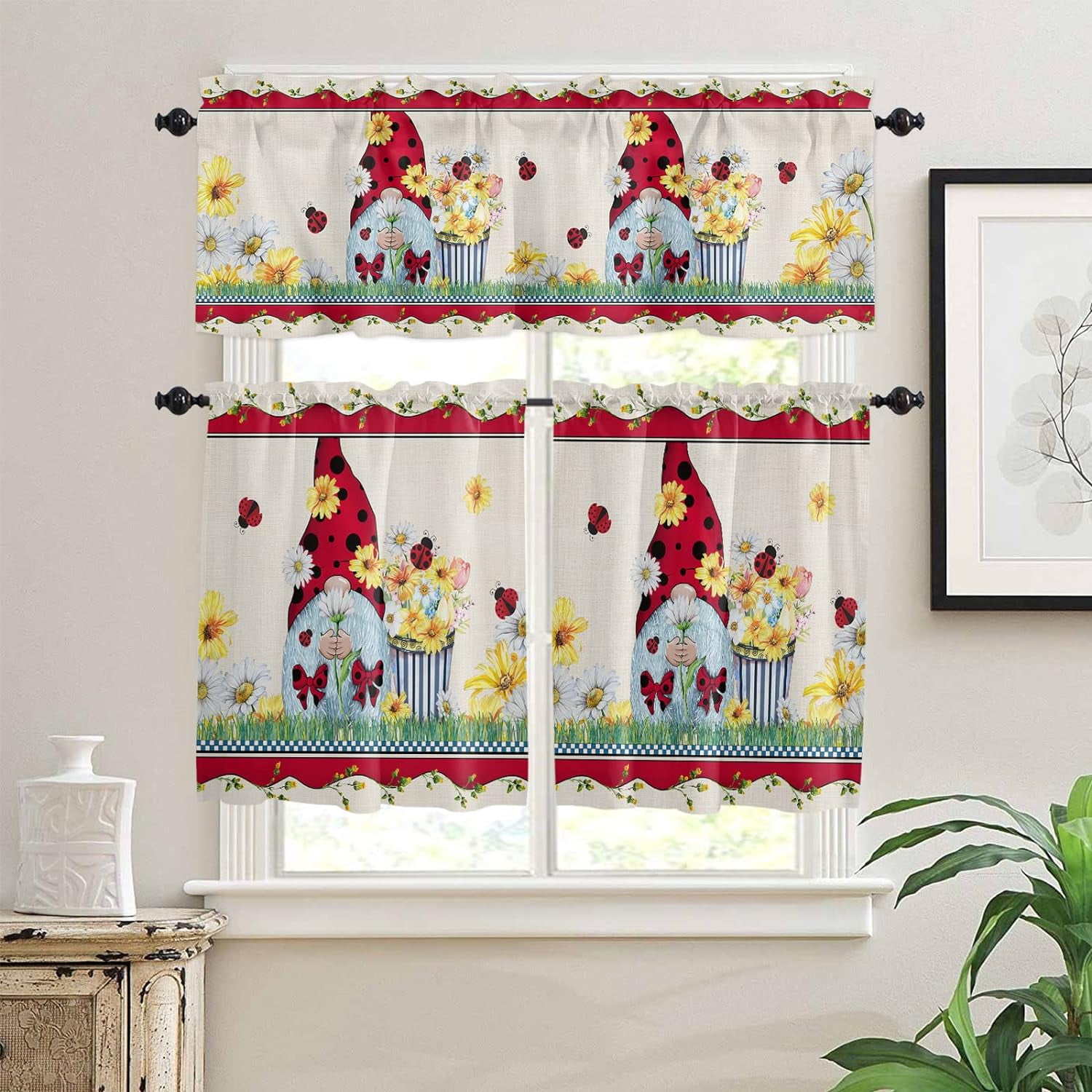 Spring Gnome Window Curtain Set with Tiers and Valance, 3 Pieces Rod ...