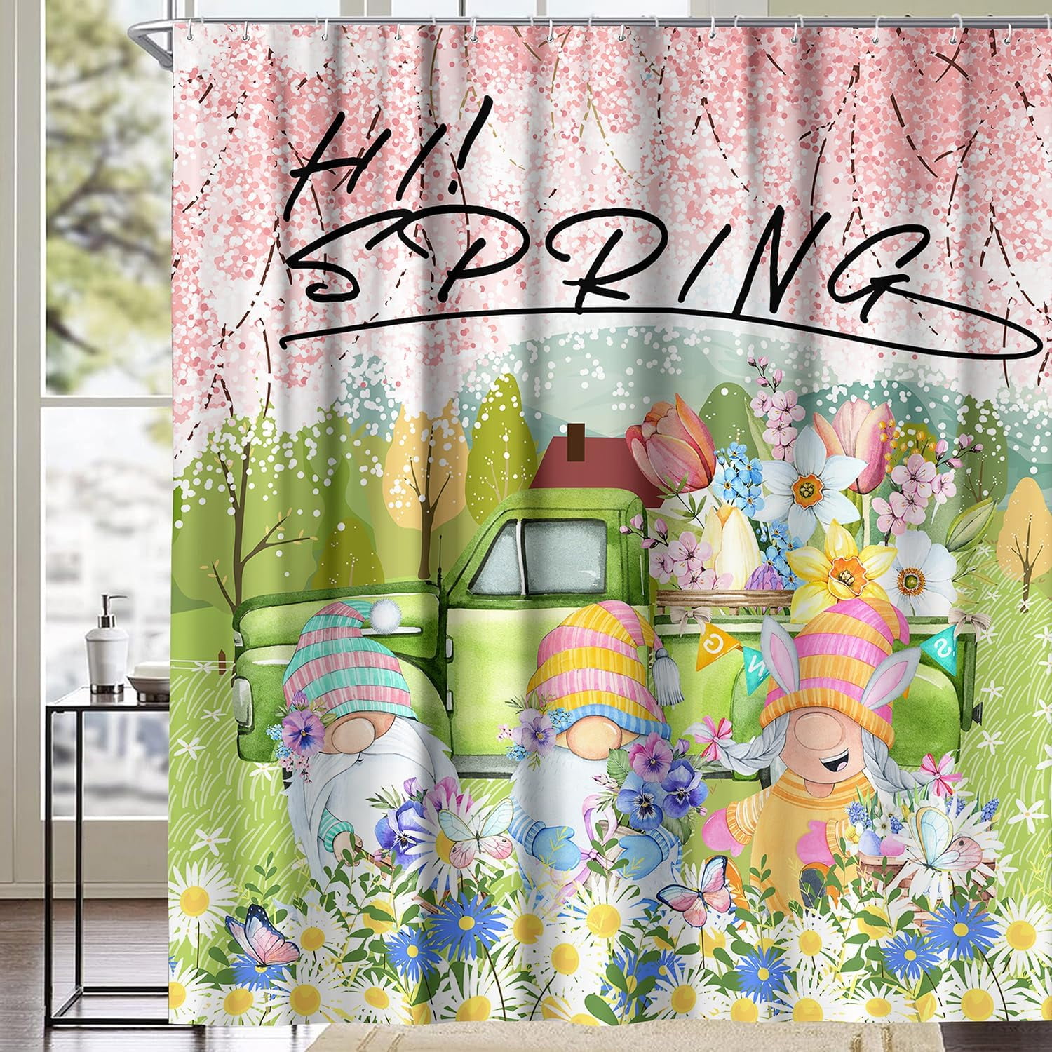 Spring Gnomes Shower Curtains Hi Spring Floral Curtain for Bathroom ...