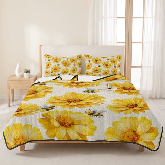 Spring Goldwood Flowers Bees on Linen 3 Pieces Quilt Set,1 Quilt with 2 ...