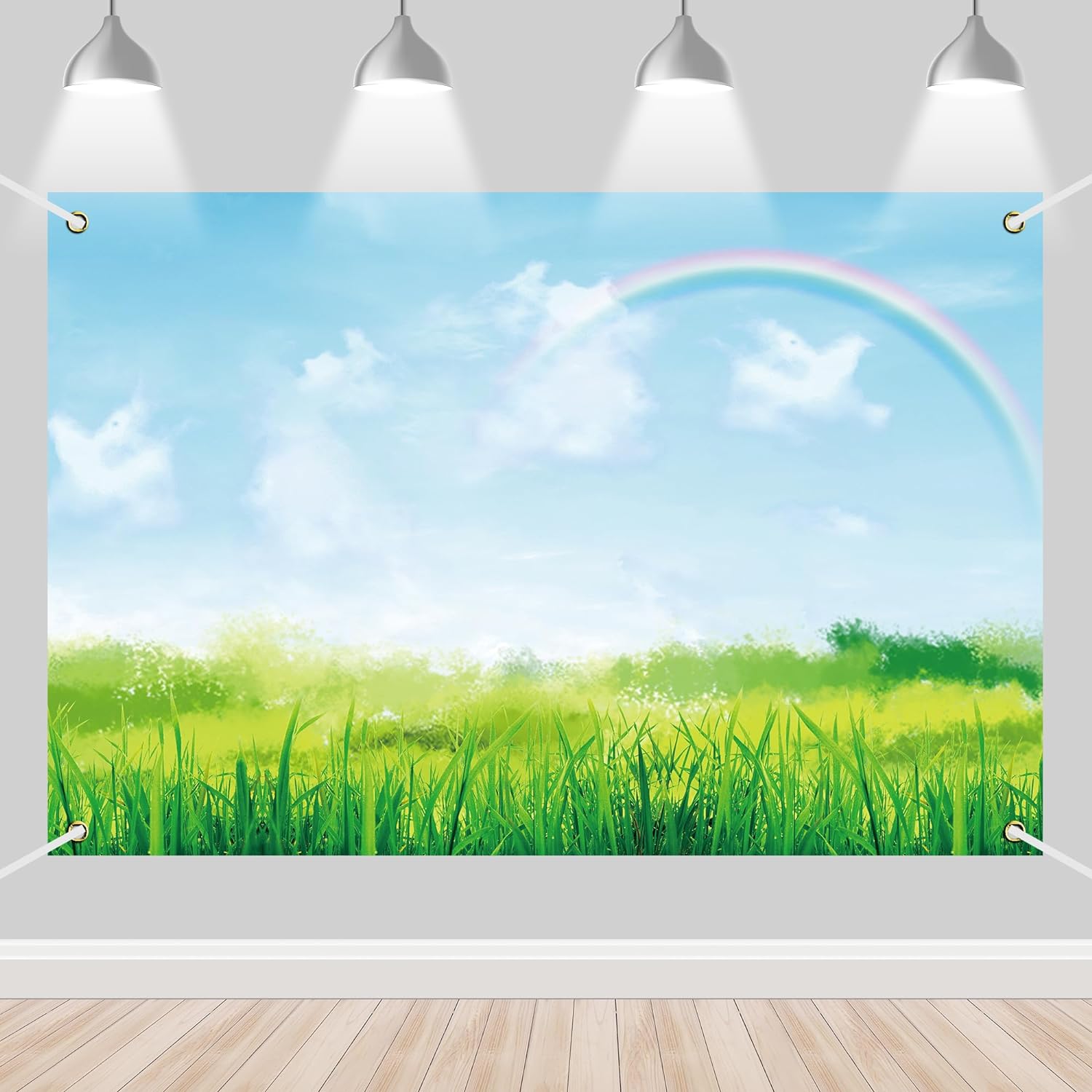 Spring Grassland Photography Background Sky Cloud Rainbow Green Grass ...