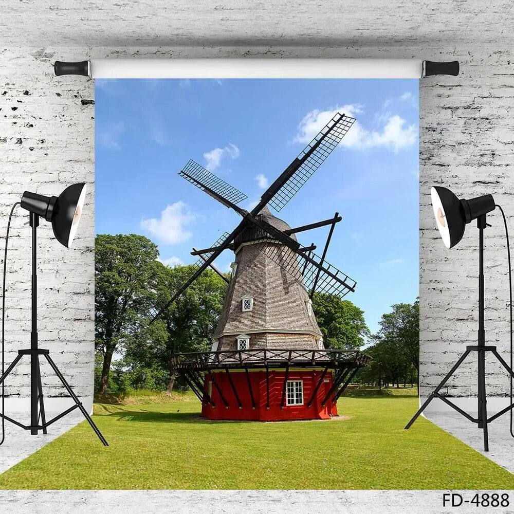 Spring Grassland Scenic Windmill Grass Tree Scenery Backgrounds ...