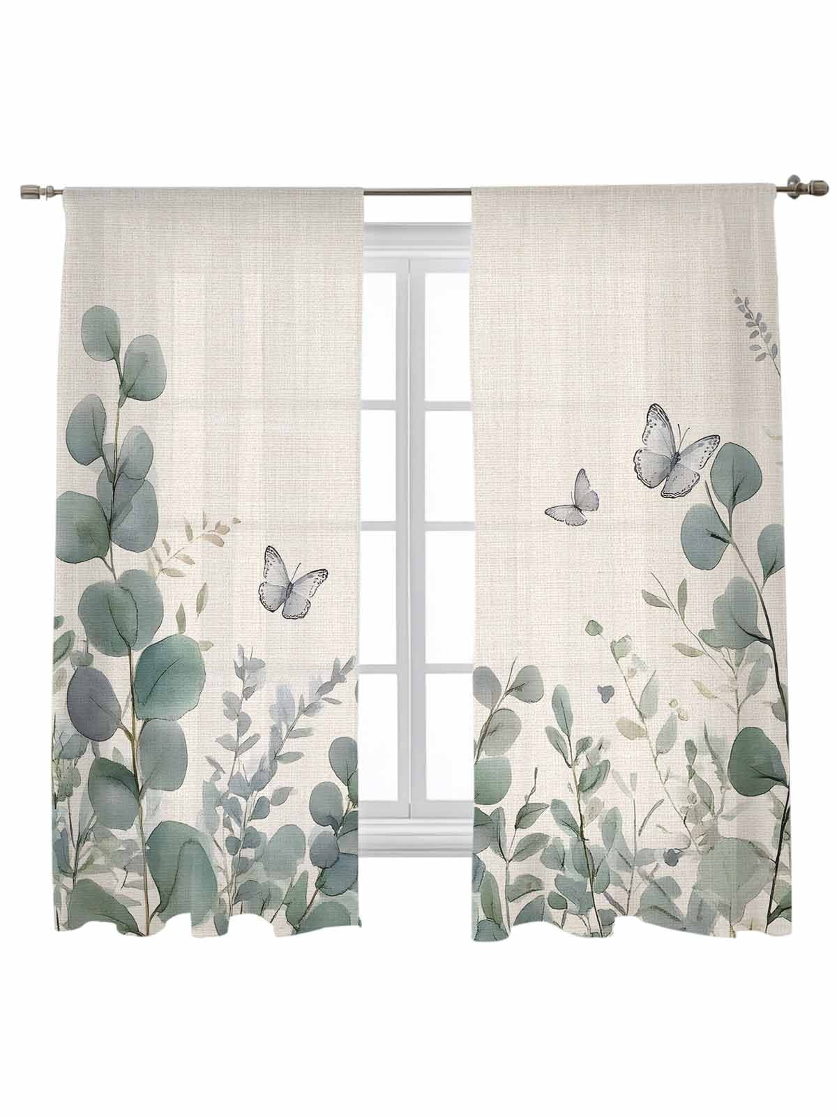 Spring Gray Butterfly Sheer Curtains 2 Panels Set Eucalyptus Leaf Linen ...