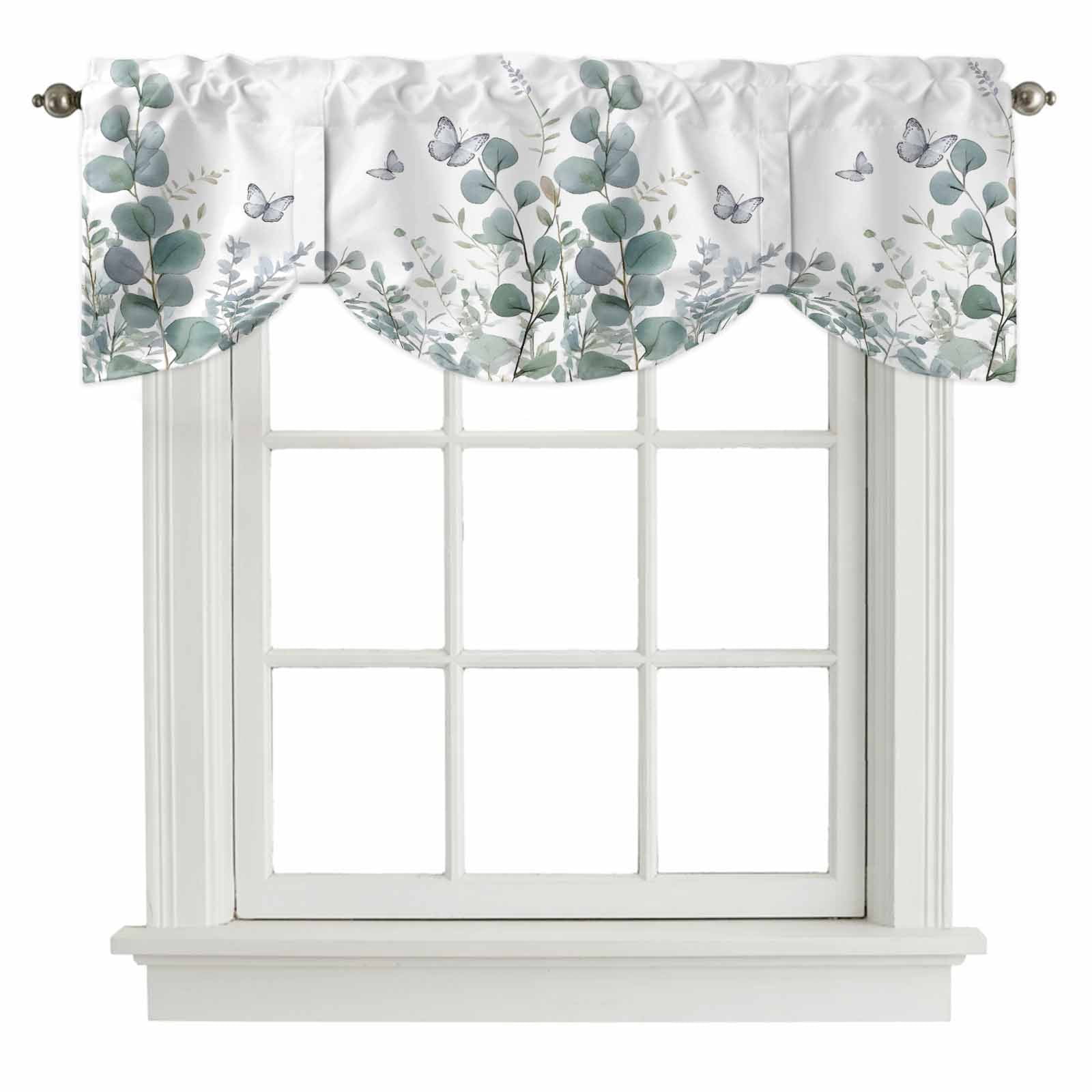 Spring Gray Butterfly Tie Up Valance for Windows, Green Eucalyptus Leaf ...