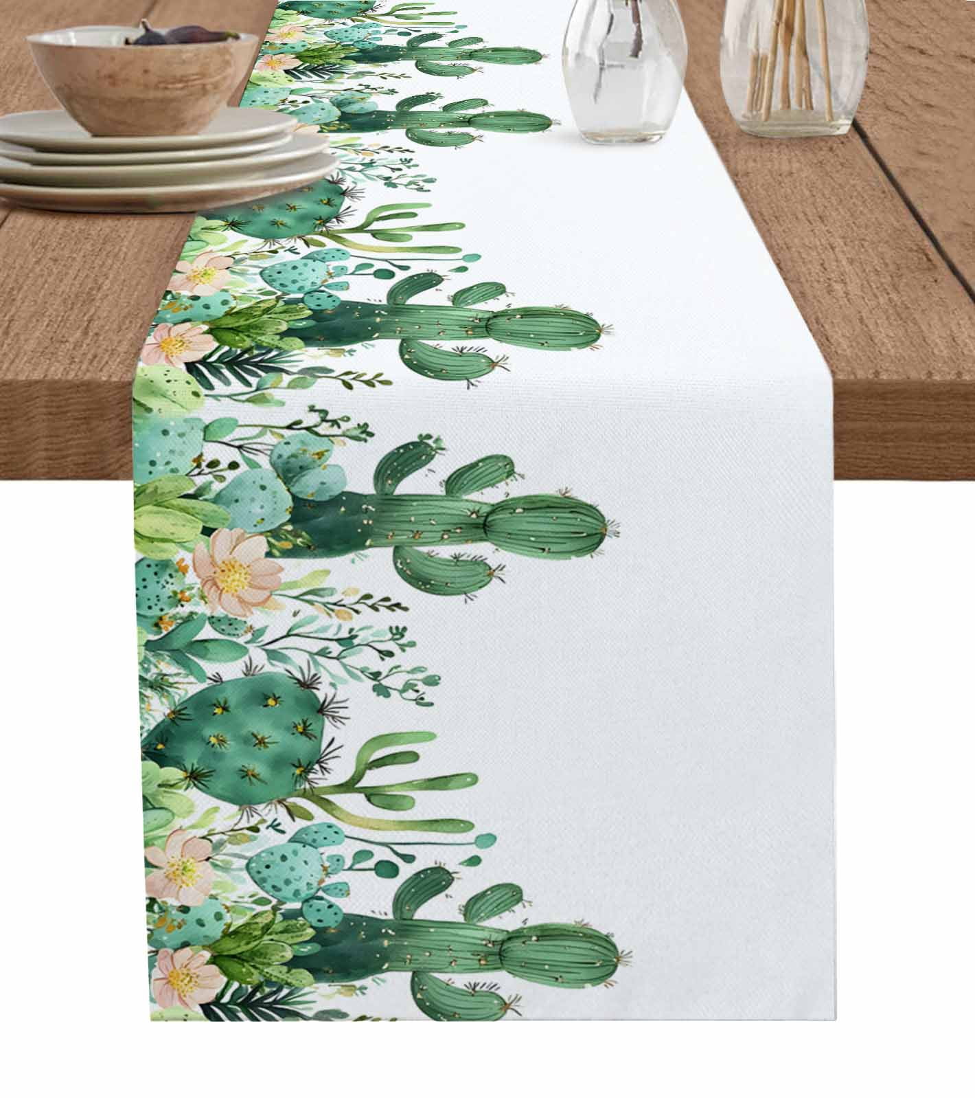 Spring Green Botanical Table Runner 72 Inches, Watercolor Cactus Flower ...
