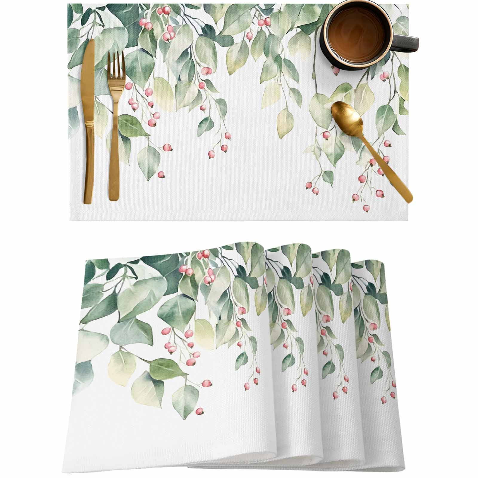 Spring Green Eucalyptus Leaf on White Placemats Set of 4,Wipeable Washable Table Mats for Dining ...
