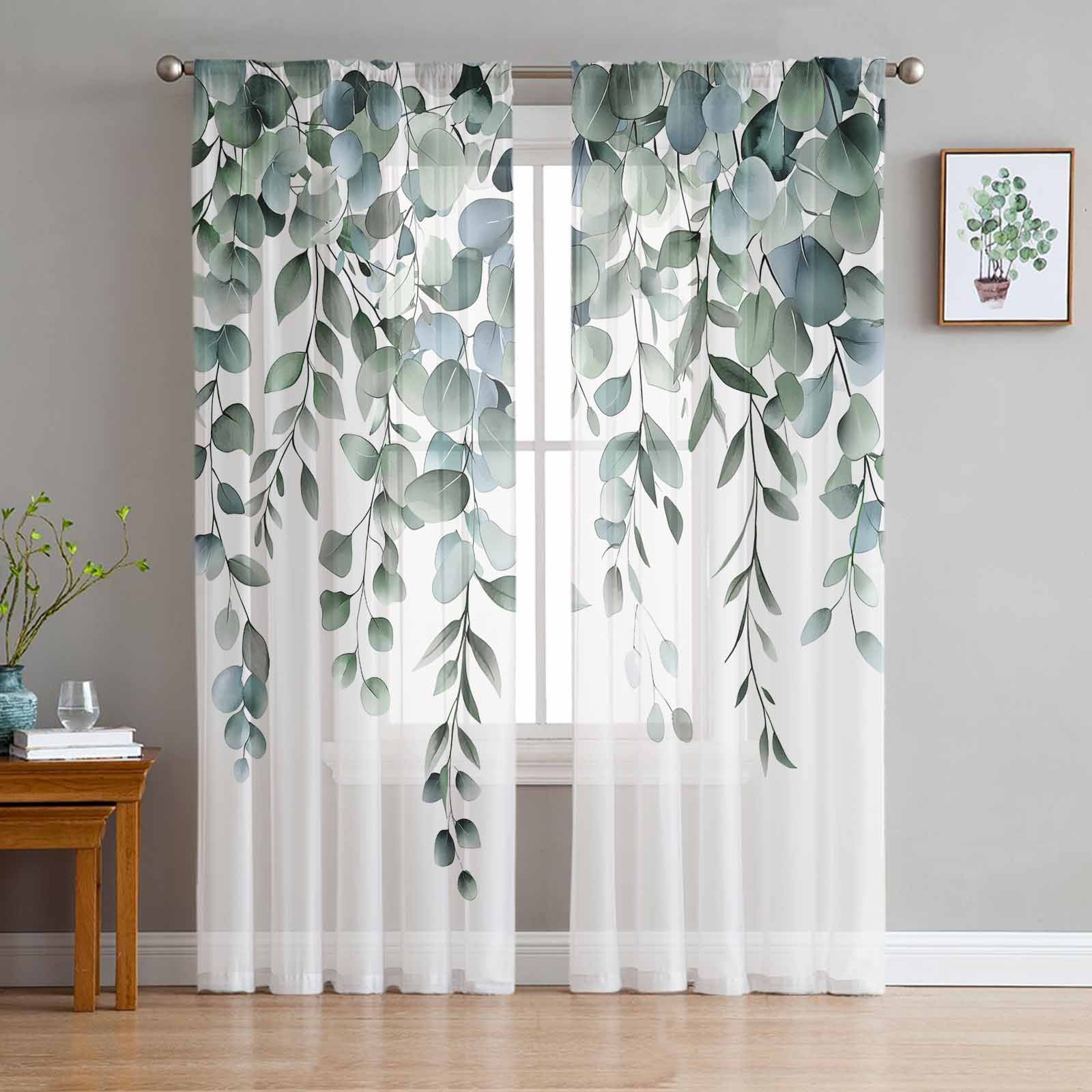 Spring Green Eucalyptus Leaves Semi Sheer Window Curtains 84 Inches ...