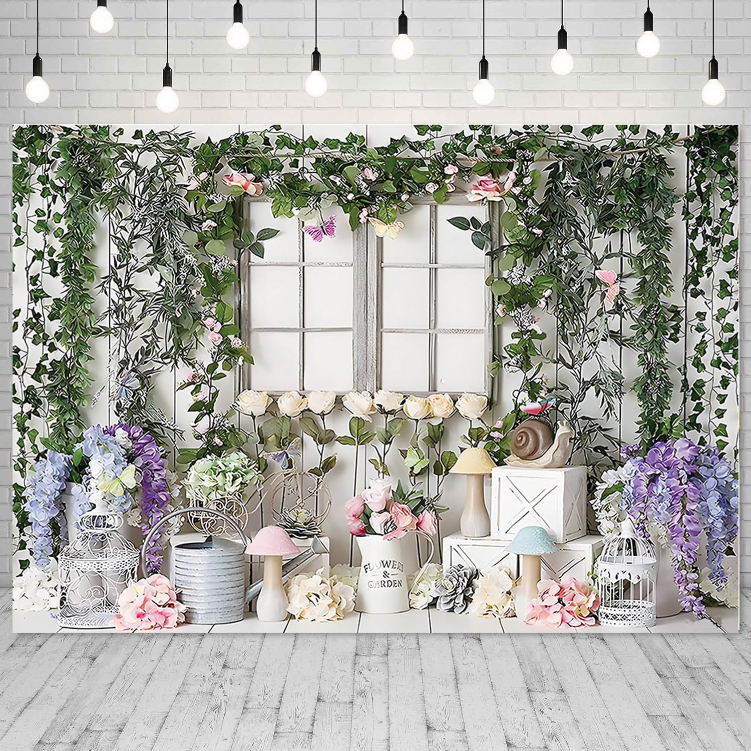 Spring Green Leaves Flower Backdrop Rustic Style White Wood Board ...