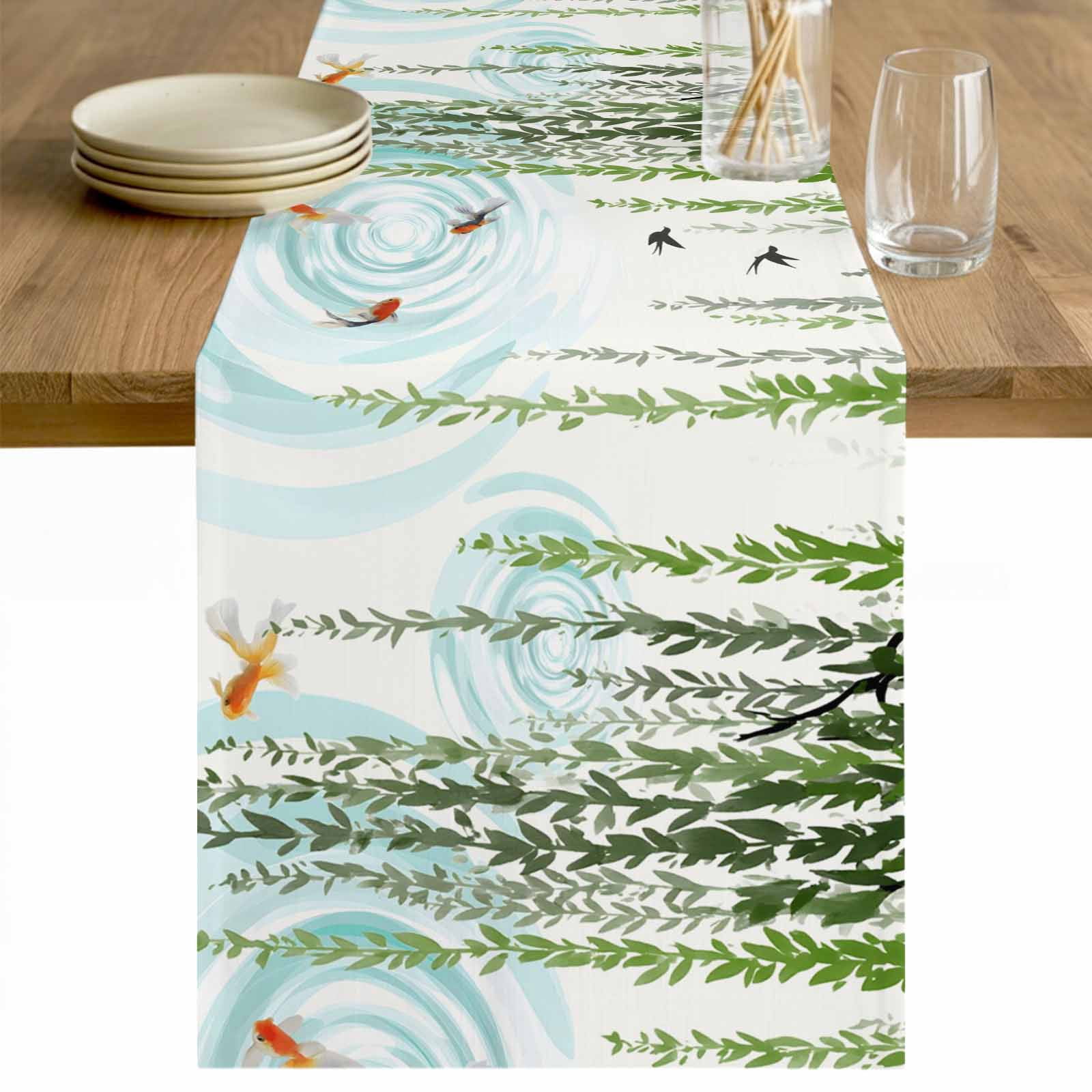 Spring Green Leaves Table Runner - 120 Inch Long Japanese Koi Fish ...